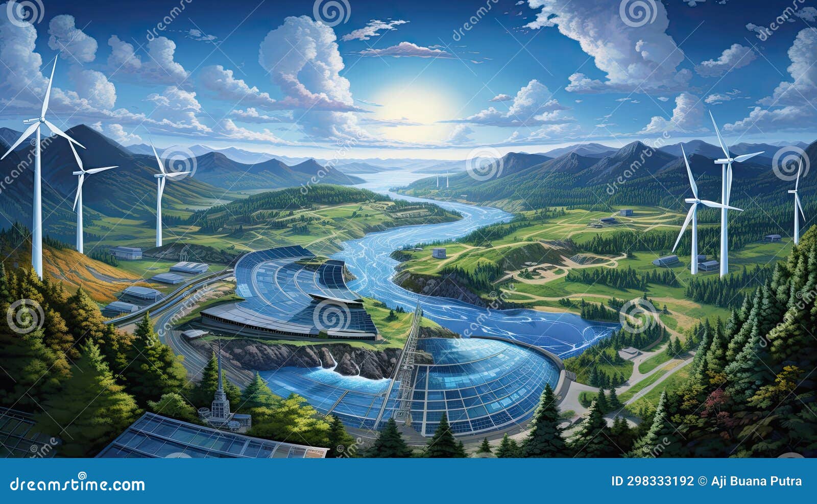 Illustration a Renewable Energy Landscape with Various Sources Working ...