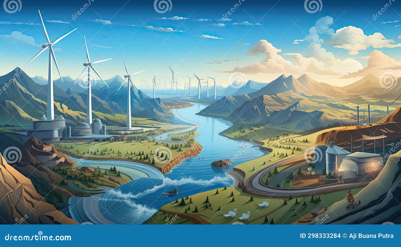 Illustration a Renewable Energy Landscape with Various Sources Working ...