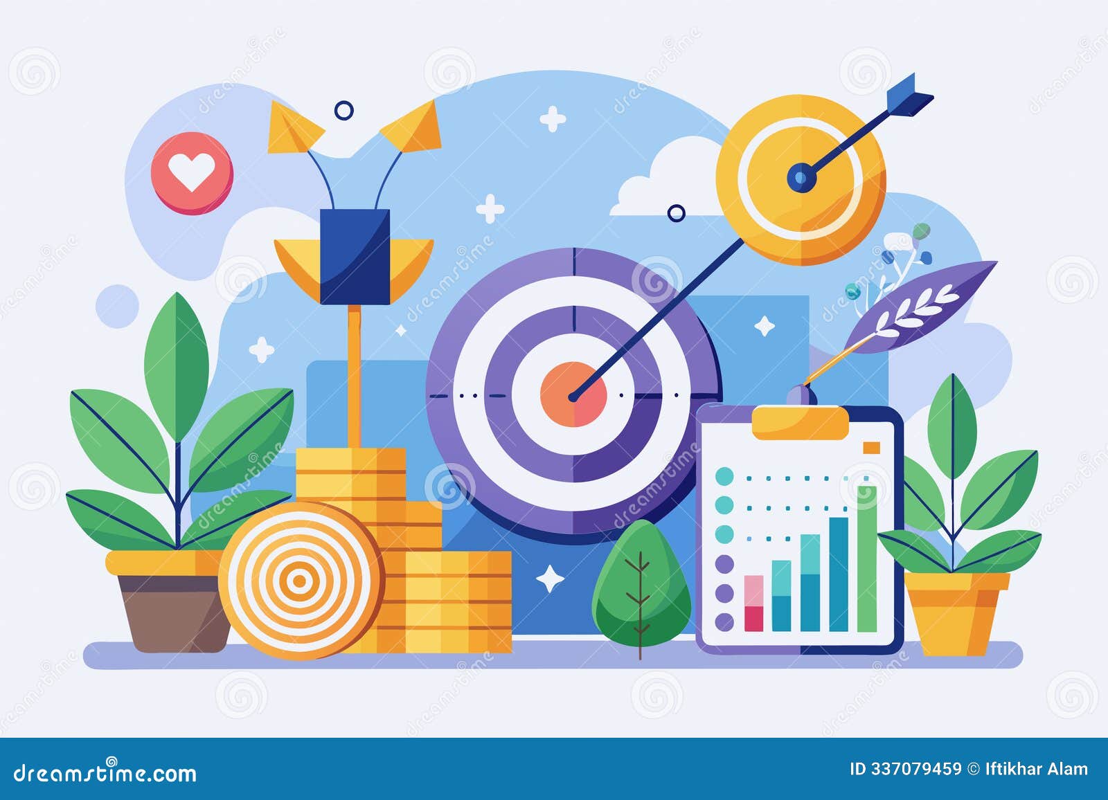 This Illustration Represents Growth Data with Charts, a Target, and ...