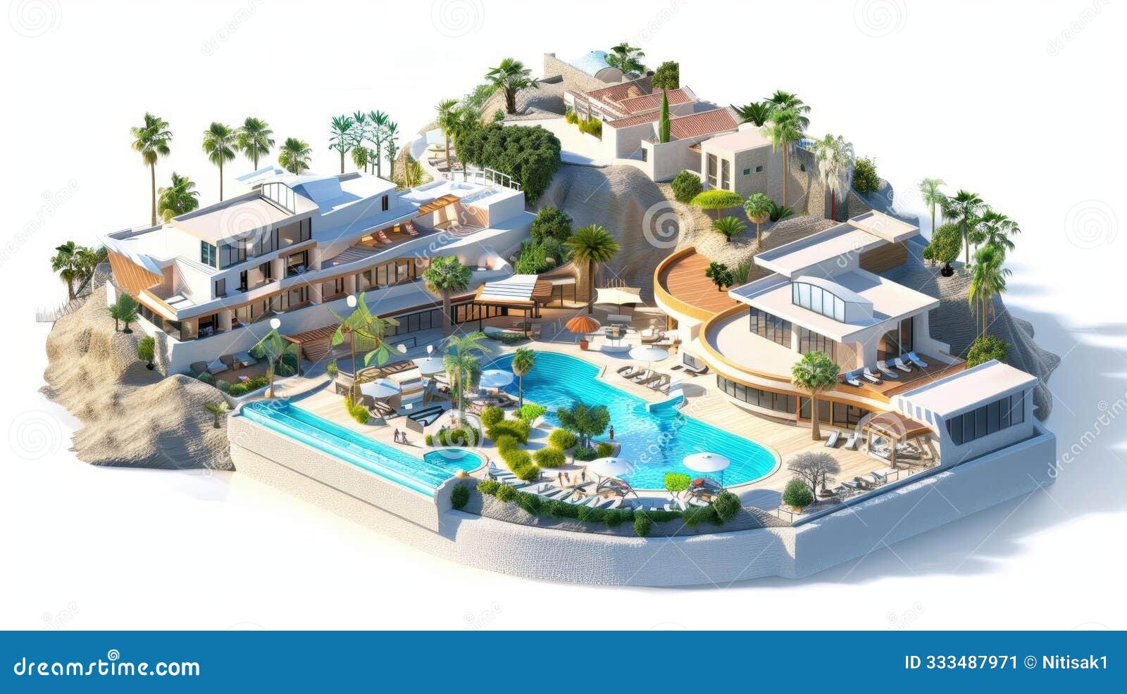 Illustration of a Resort Complex with Amenities Against a White ...