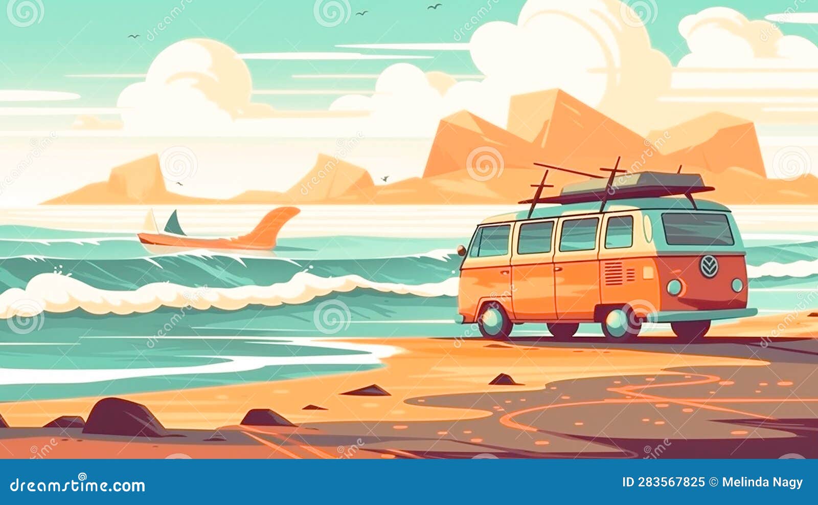 Illustration of Retro Camper Van on the Beach Generative AI Stock Image ...