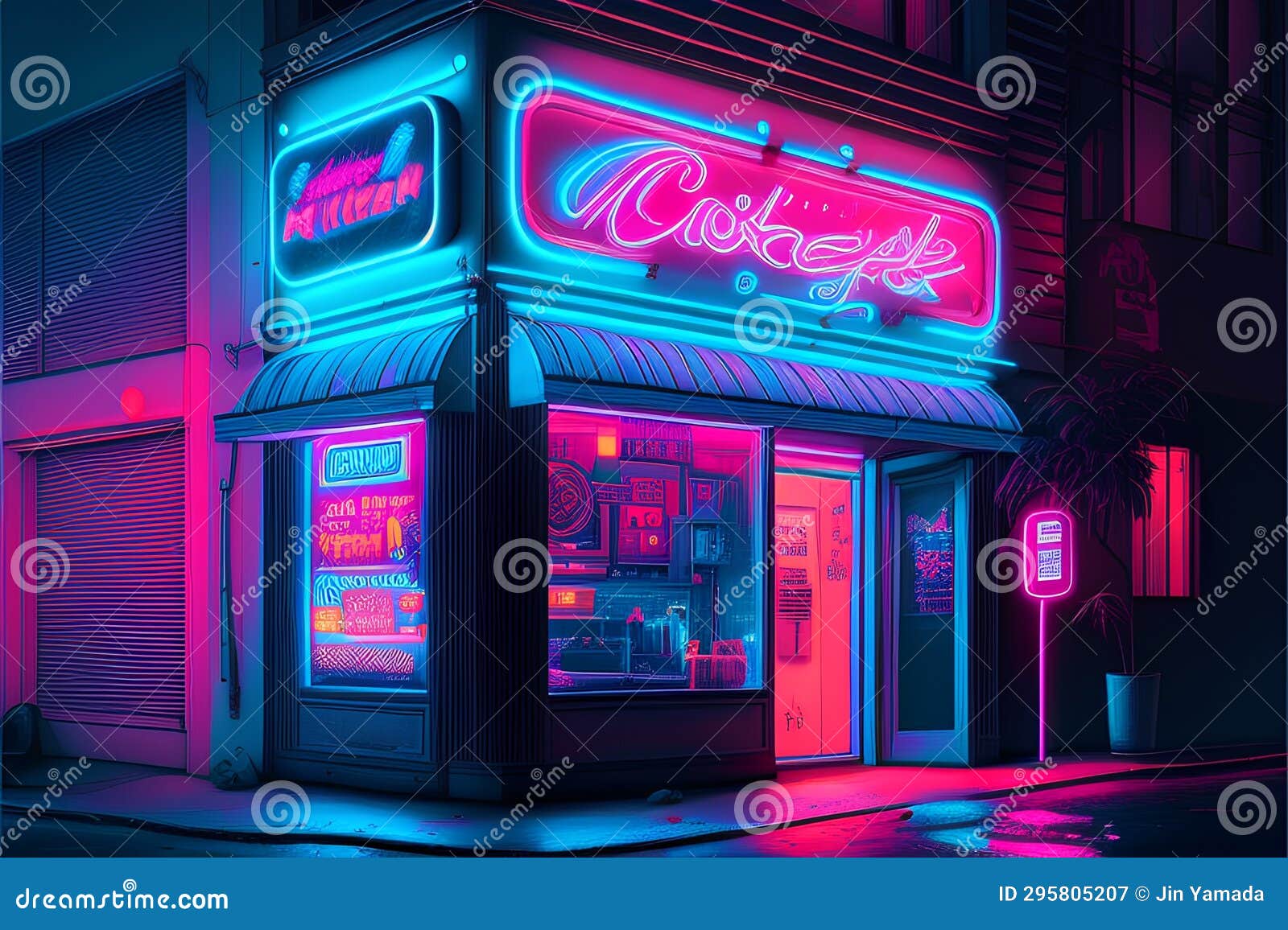 Illustration of a Retro Neon Signboard in Front of a Cafe Stock ...