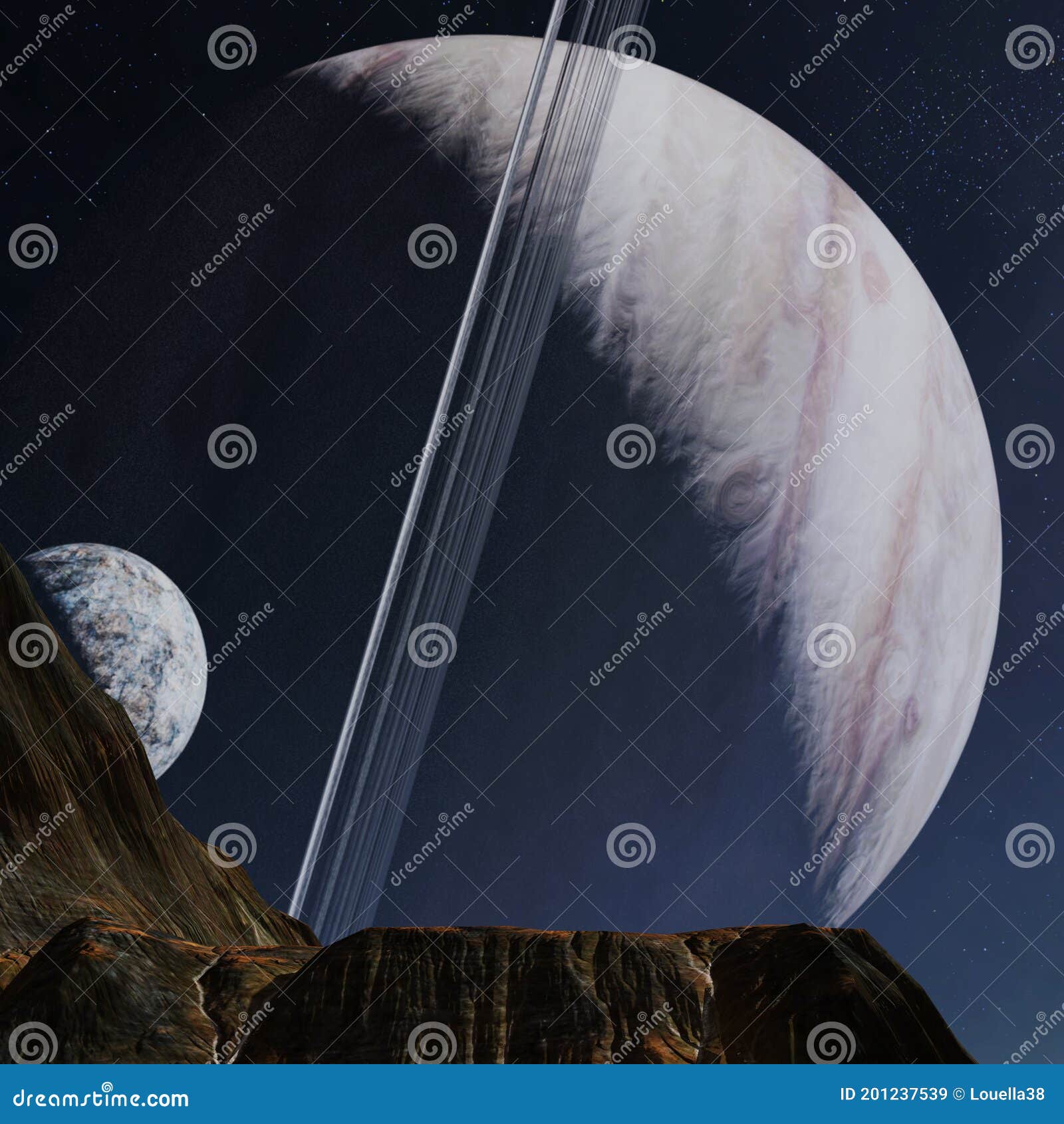 Illustration of a Ringed Planet and Moon Rising Beyond a Mountain Butte ...