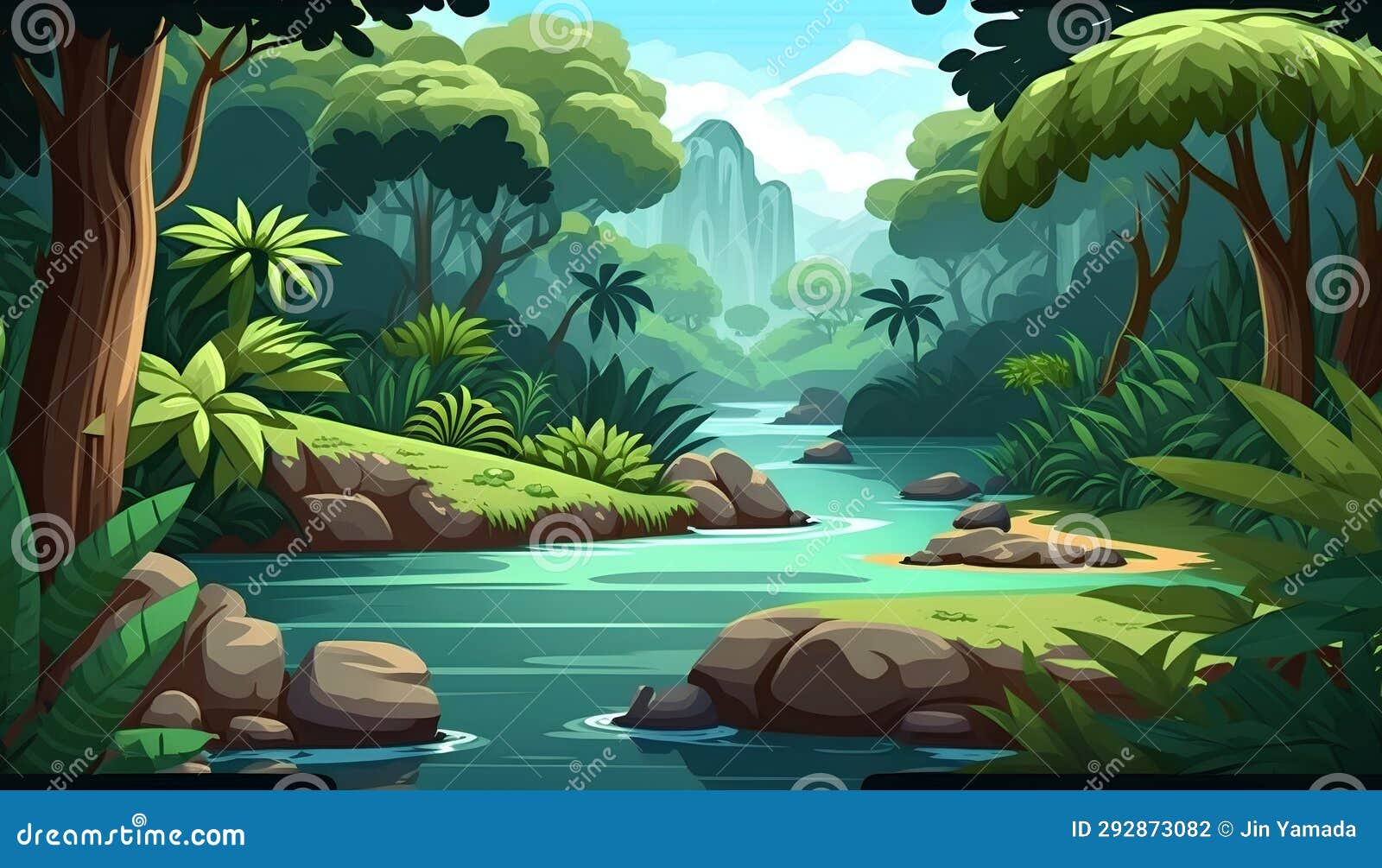 Illustration of a River Flowing through the Jungle in a Beautiful ...