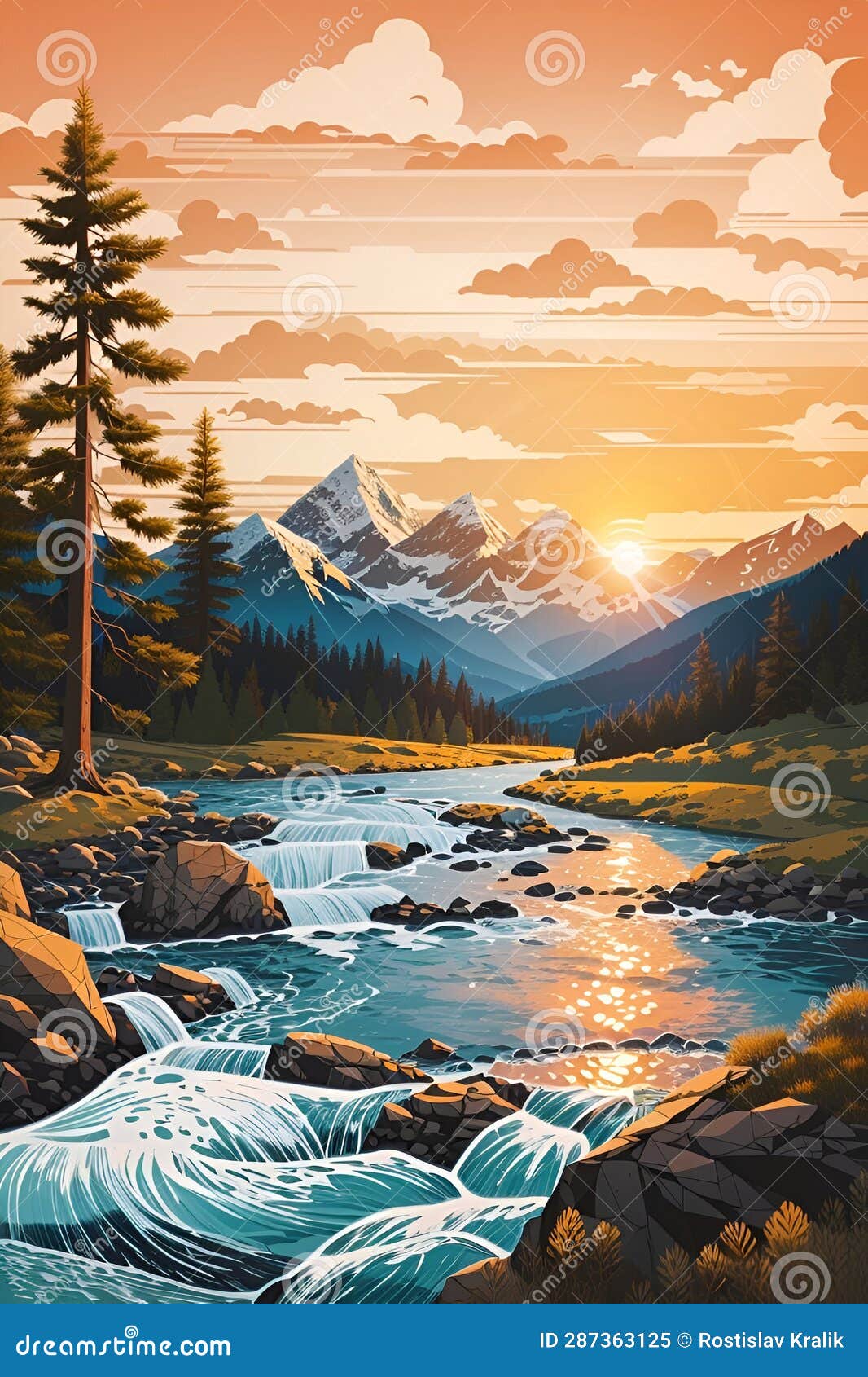Illustration of River Stream with Sunset Stock Illustration ...