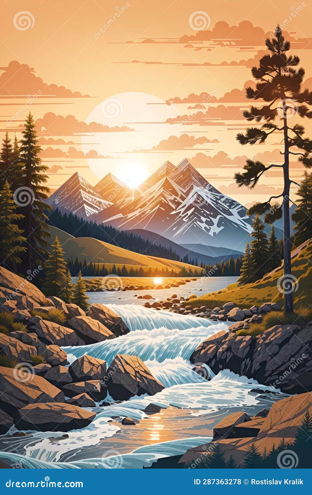 Illustration of River Stream with Sunset Stock Illustration ...