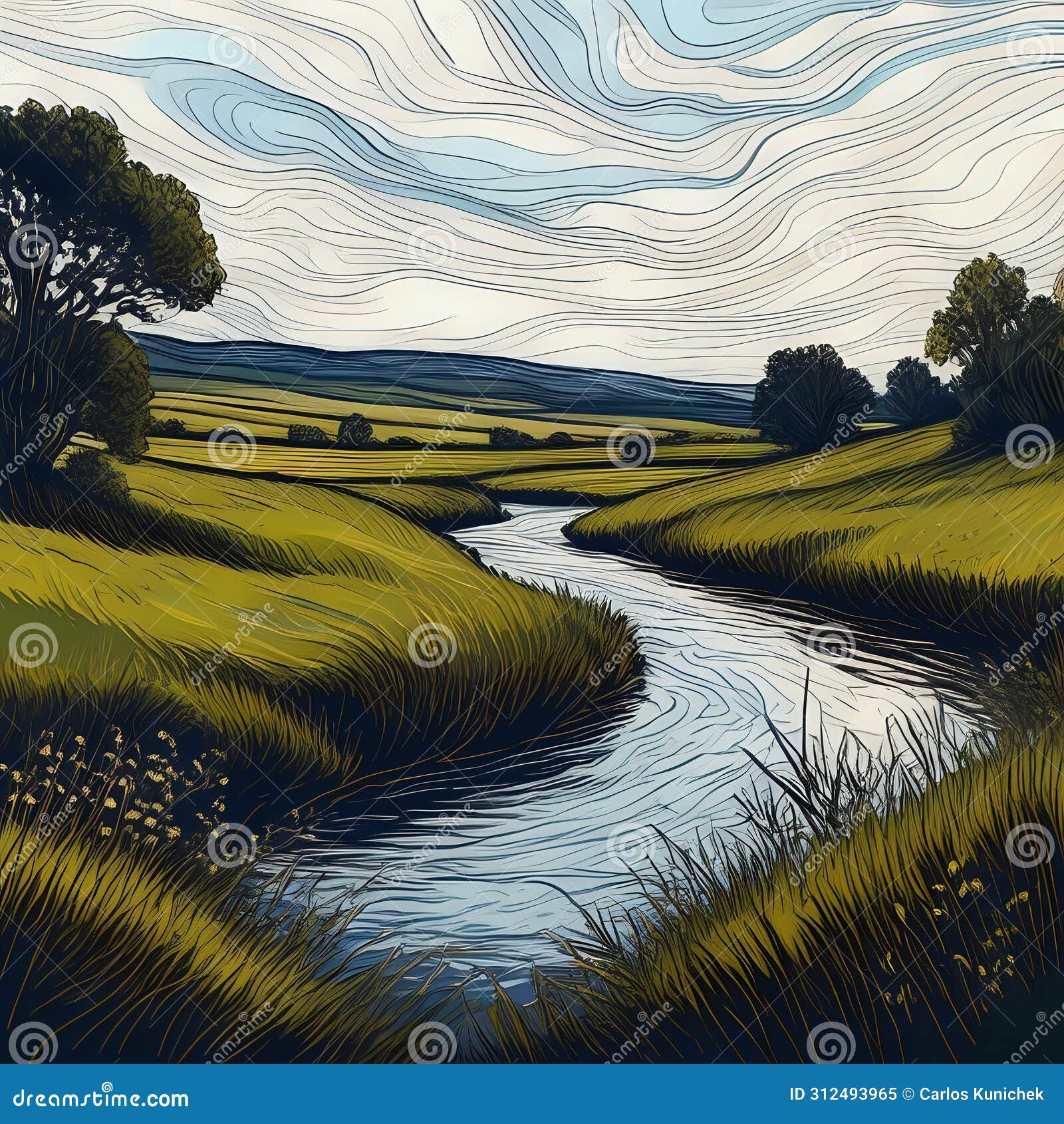 An Illustration of a River Winding through a Meadow in the Style of ...