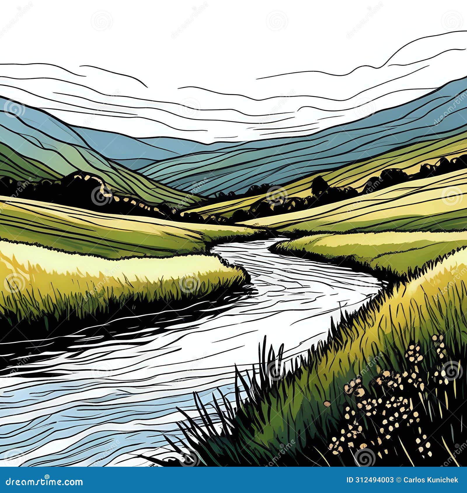 An Illustration of a River Winding through a Meadow in the Style of ...