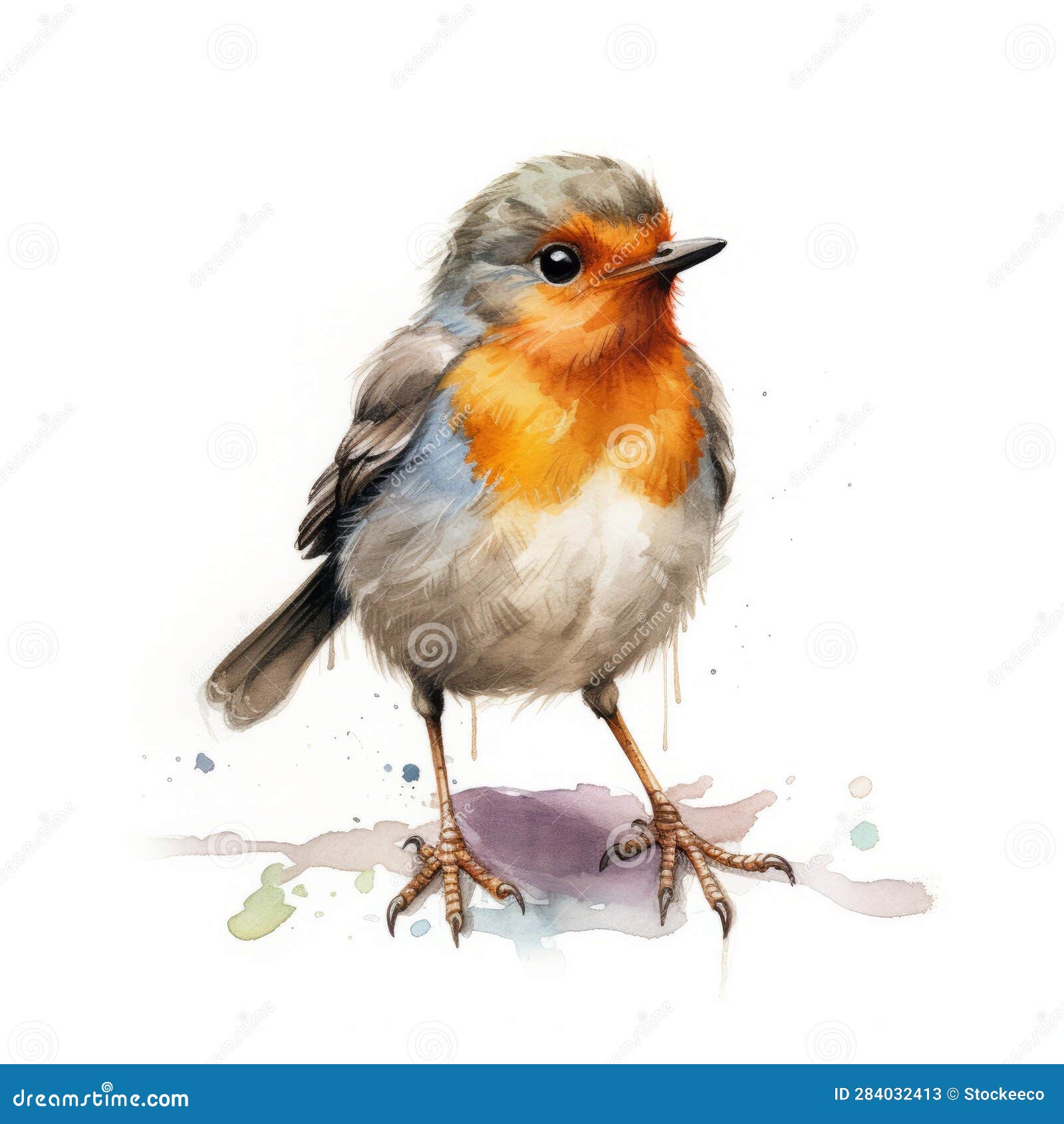 Cute Watercolor Portrait of a Robin in Street Art Style Stock ...