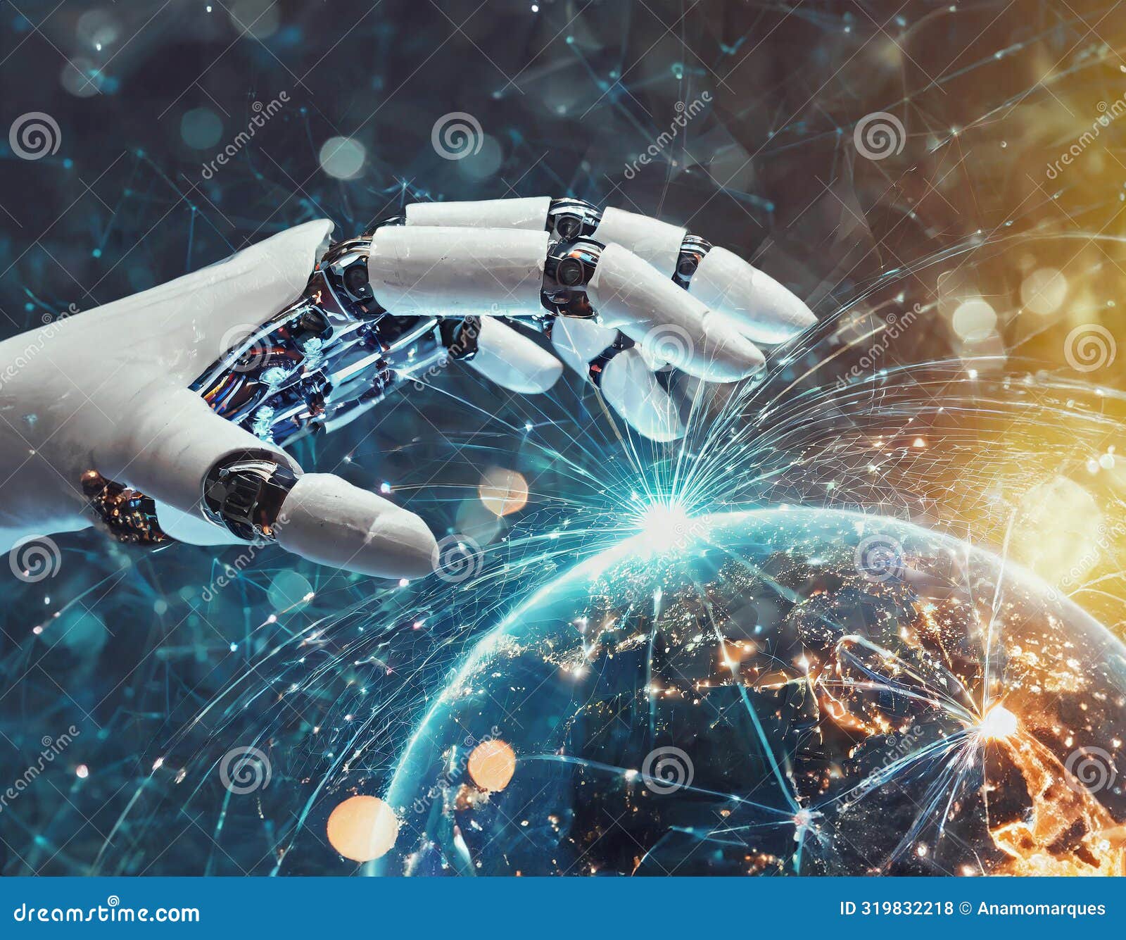 Illustration of Robot Hand Touching Digital World and Virtual Graphic ...