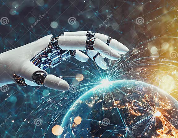 Illustration of Robot Hand Touching Digital World and Virtual Graphic ...