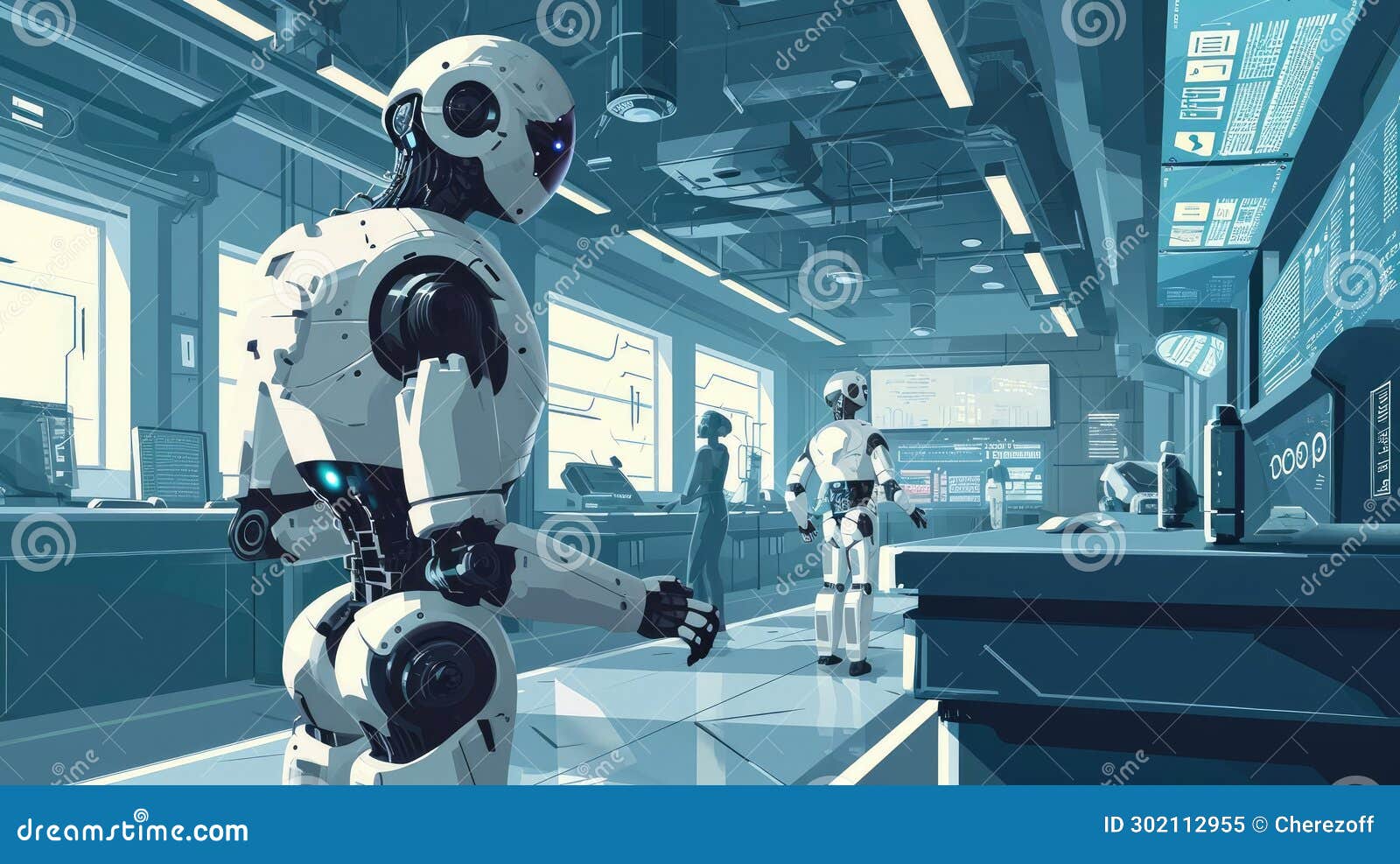 Illustration of a Robot Helping a Human Stock Image - Image of device ...
