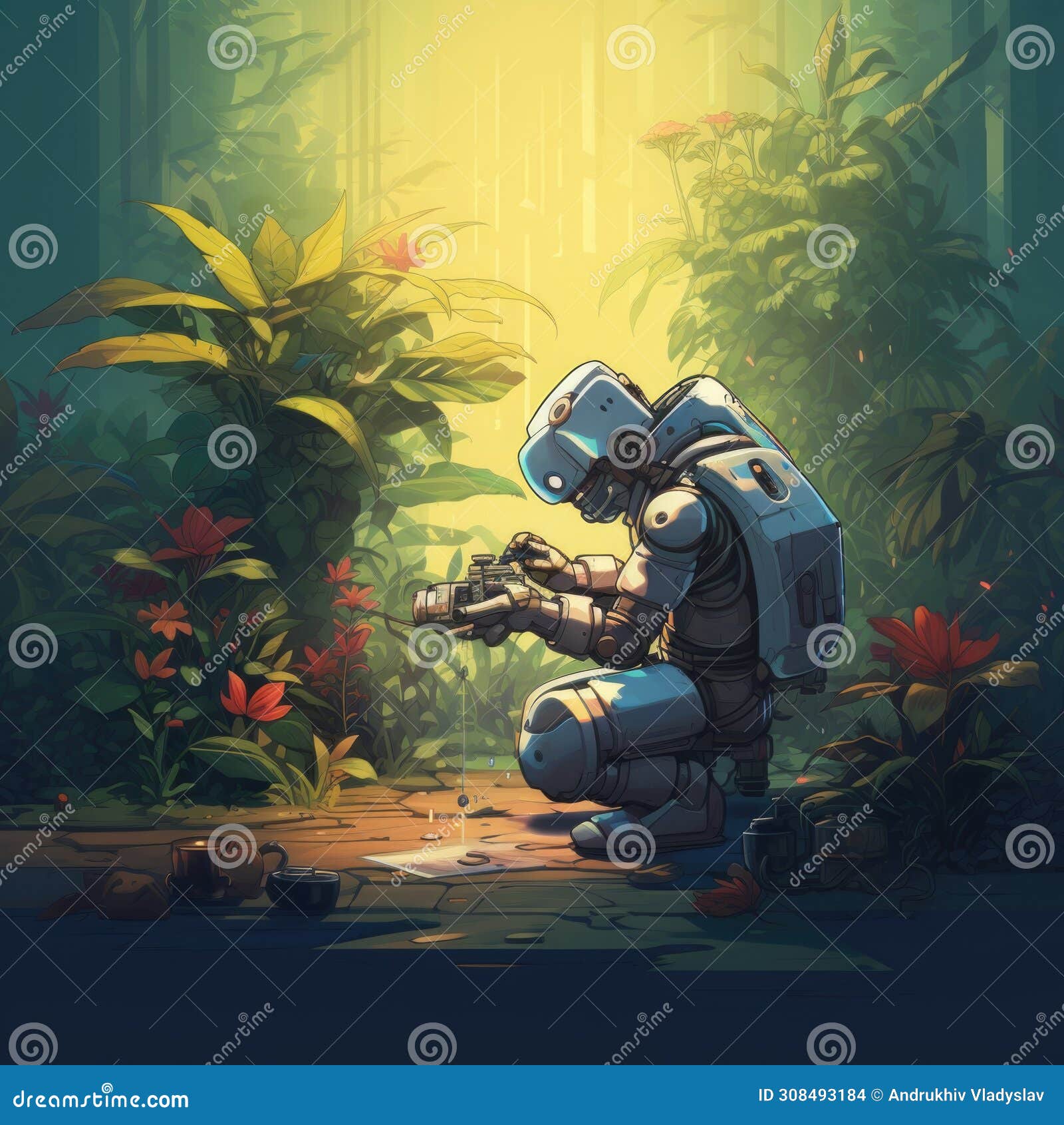 Illustration of a Robot Planting Plants Stock Illustration ...