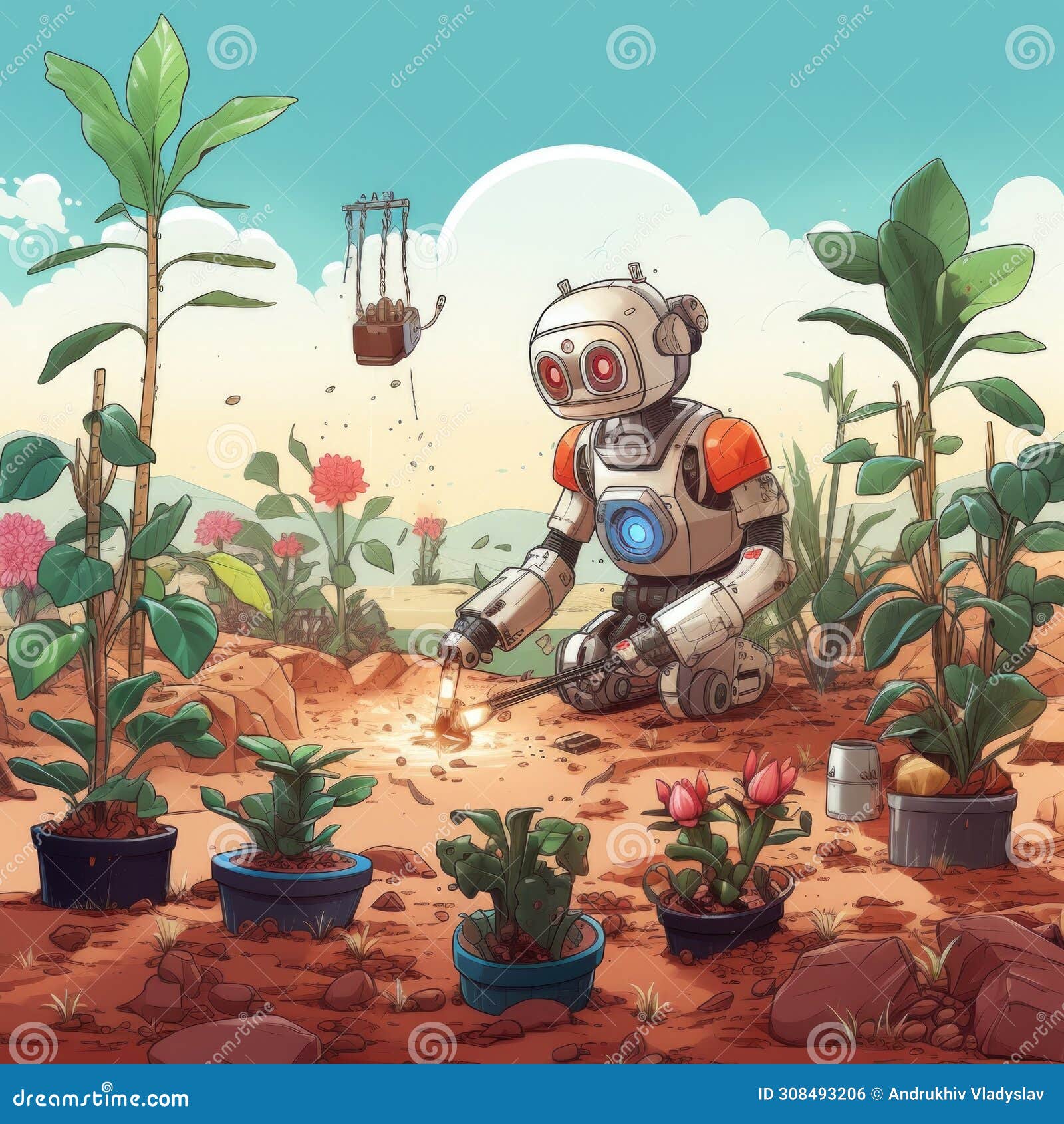 Illustration of a Robot Planting Plants Stock Illustration ...