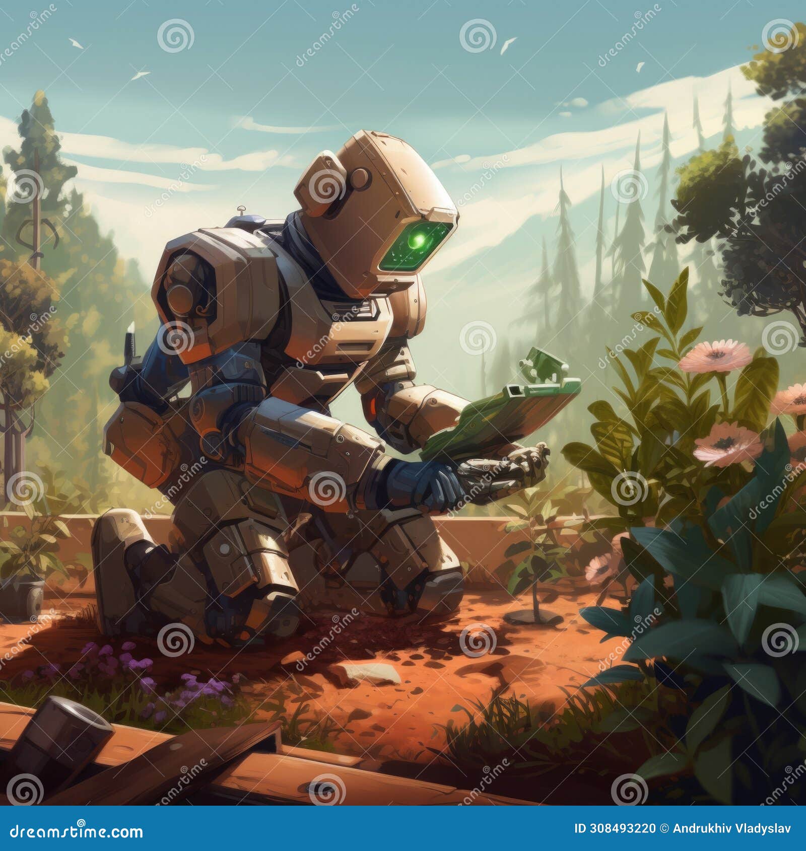 Illustration of a Robot Planting Plants Stock Illustration ...