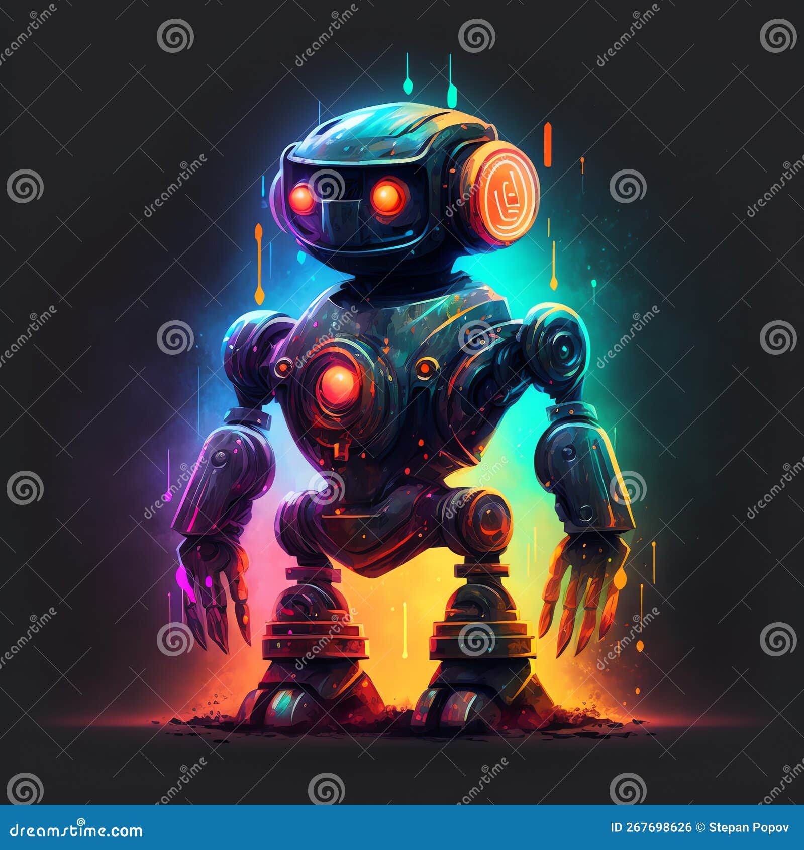 An Illustration of a Robot with Red Eyes and Rainbow Colored Light ...