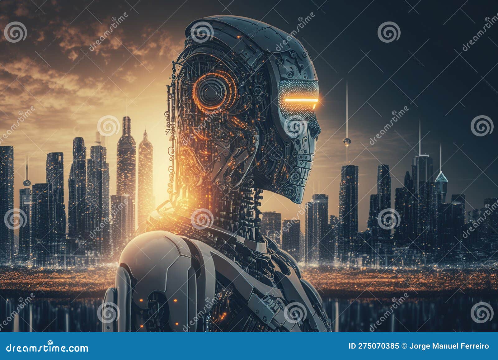 Illustration, Robot Smart City with Cityscape Background, Ai Generative ...