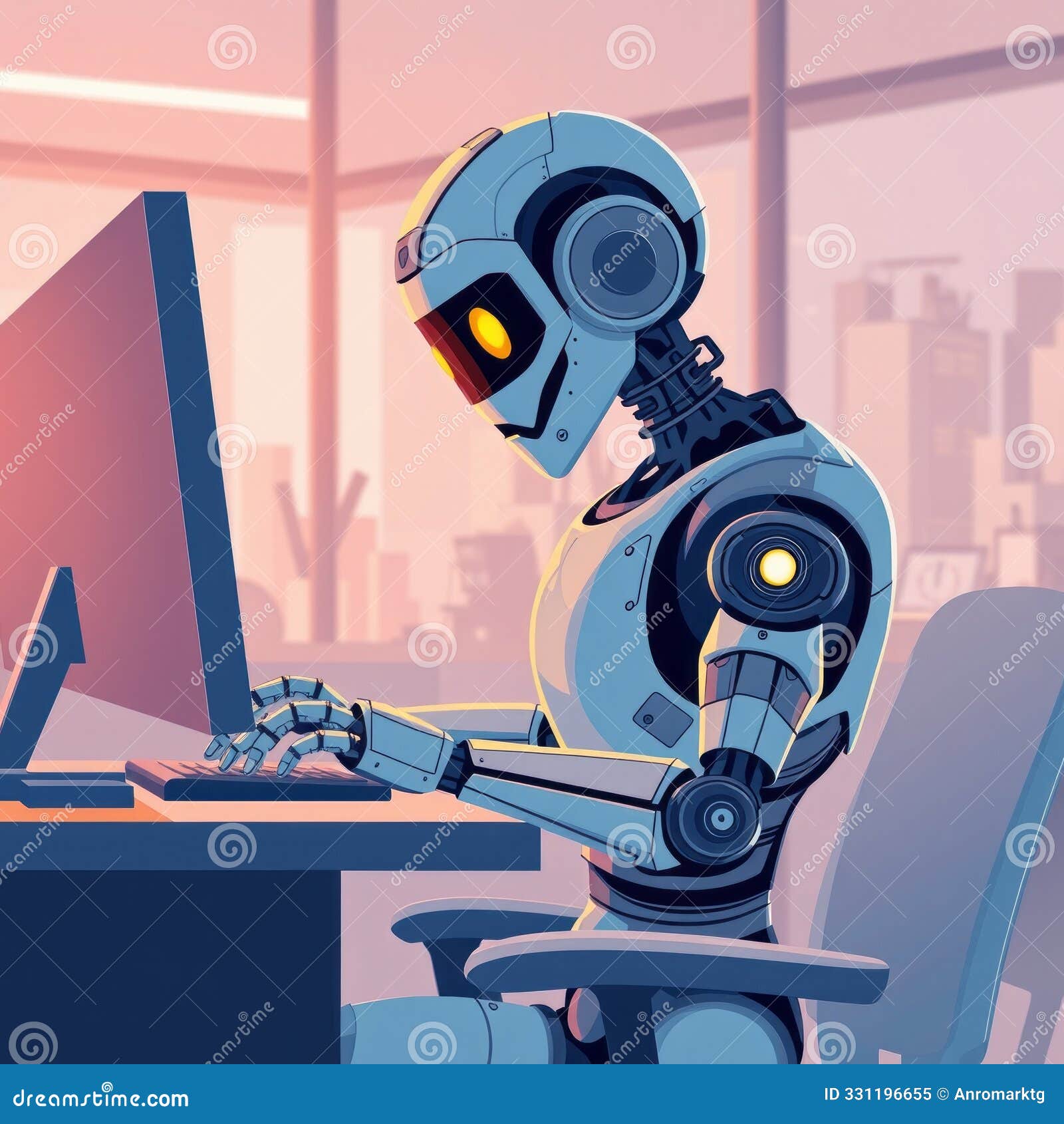 Illustration of a Robot Using a Computer in a Contemporary Office Using ...