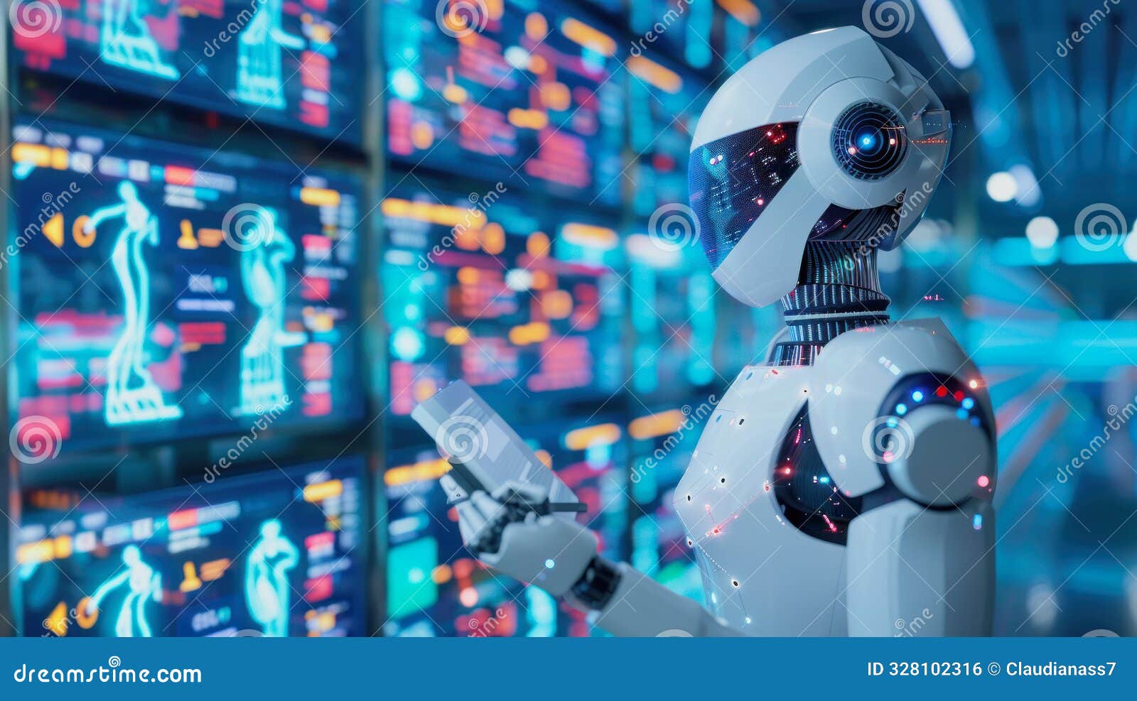 Illustration of a Robot Working in Front of a Screen Wall Stock Photo ...