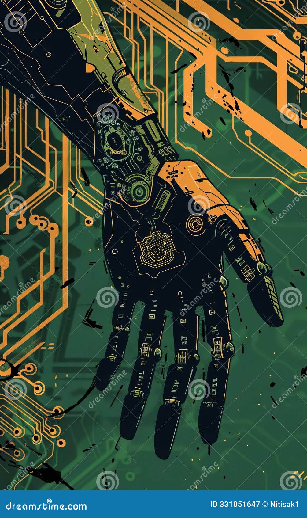 Illustration of a Robotic Arm Extending from a Circuit Board Background ...