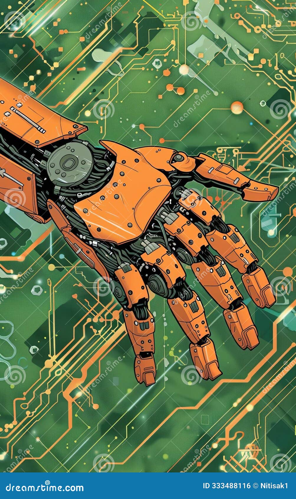 Illustration of a Robotic Arm Extending from a Circuit Board Background ...