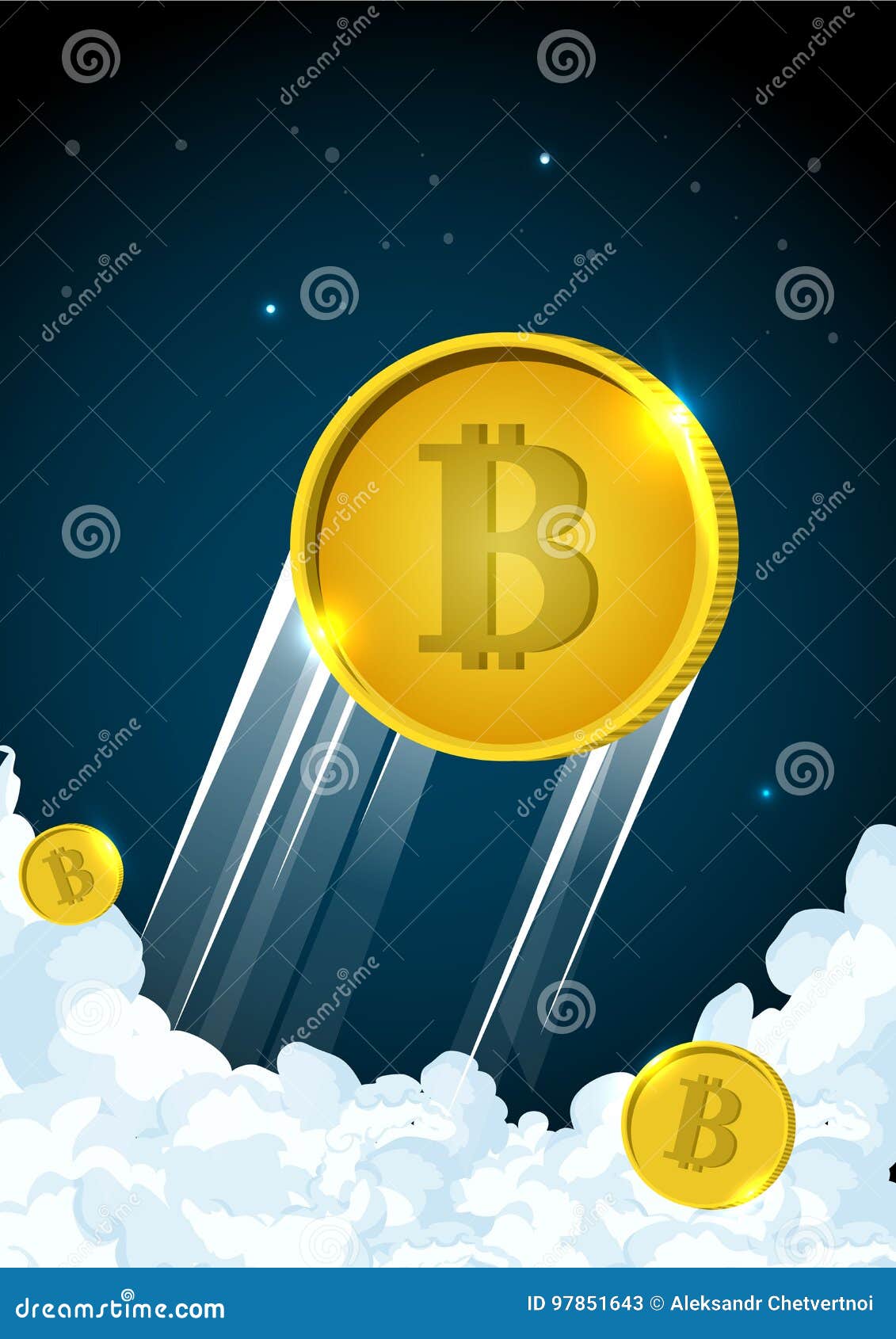 Illustration of Rocket Flying Over Clouds with Bitcoin Icon Stock ...