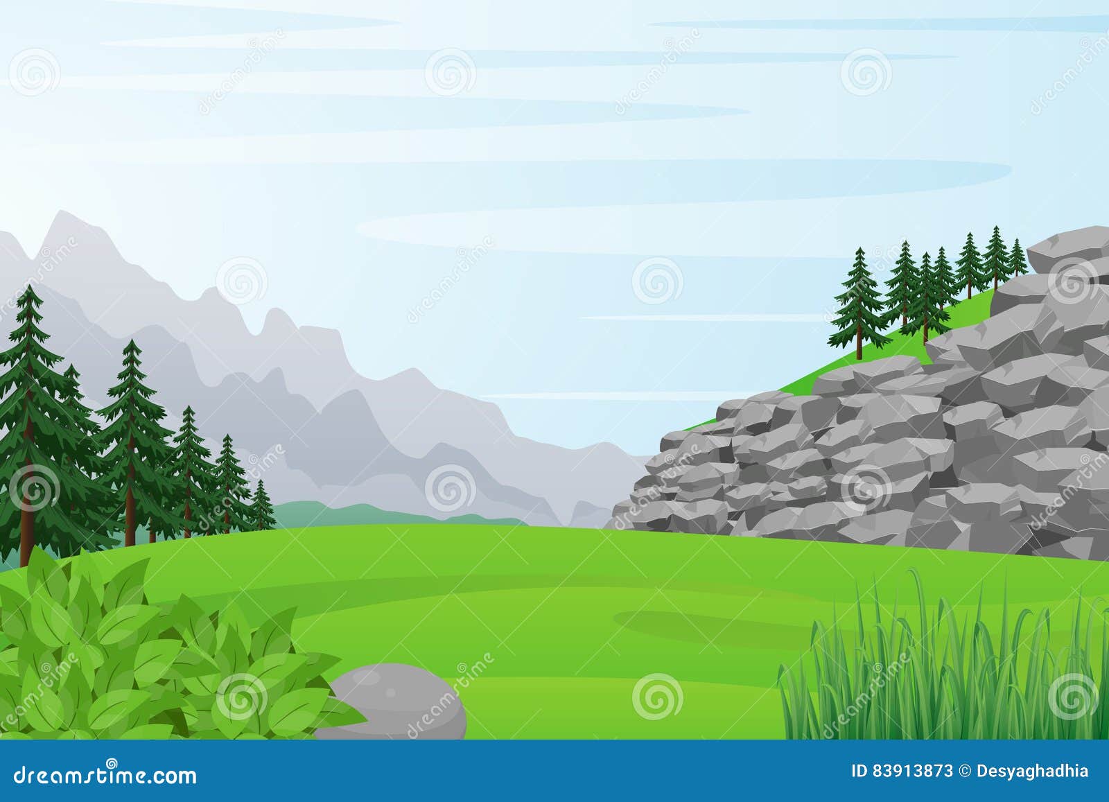 Illustration of Rocky Hill, Field, Forest and Mountains View.Vector ...