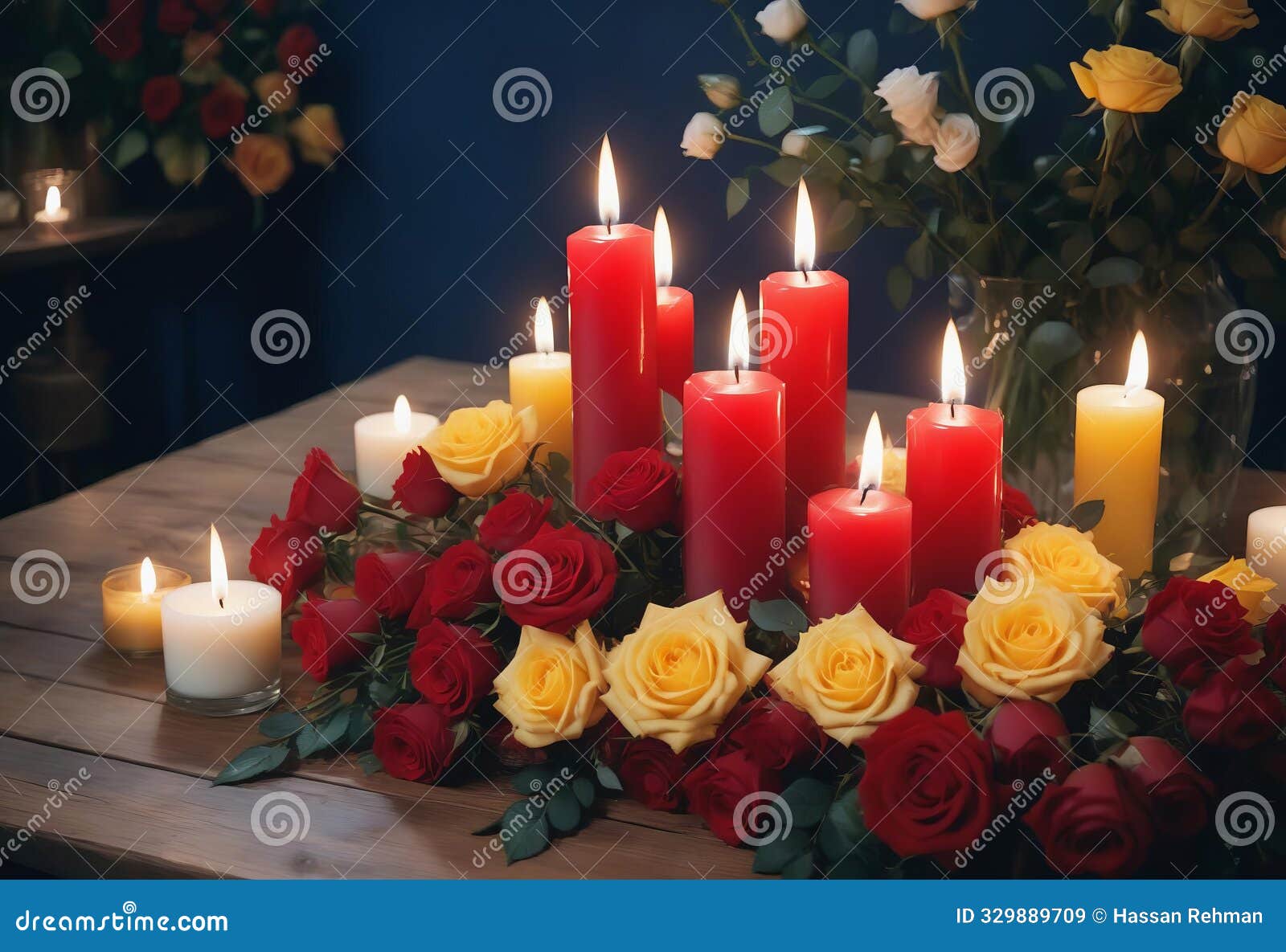 Illustration of Romantic Interior with Red Burning Candles and Roses ...