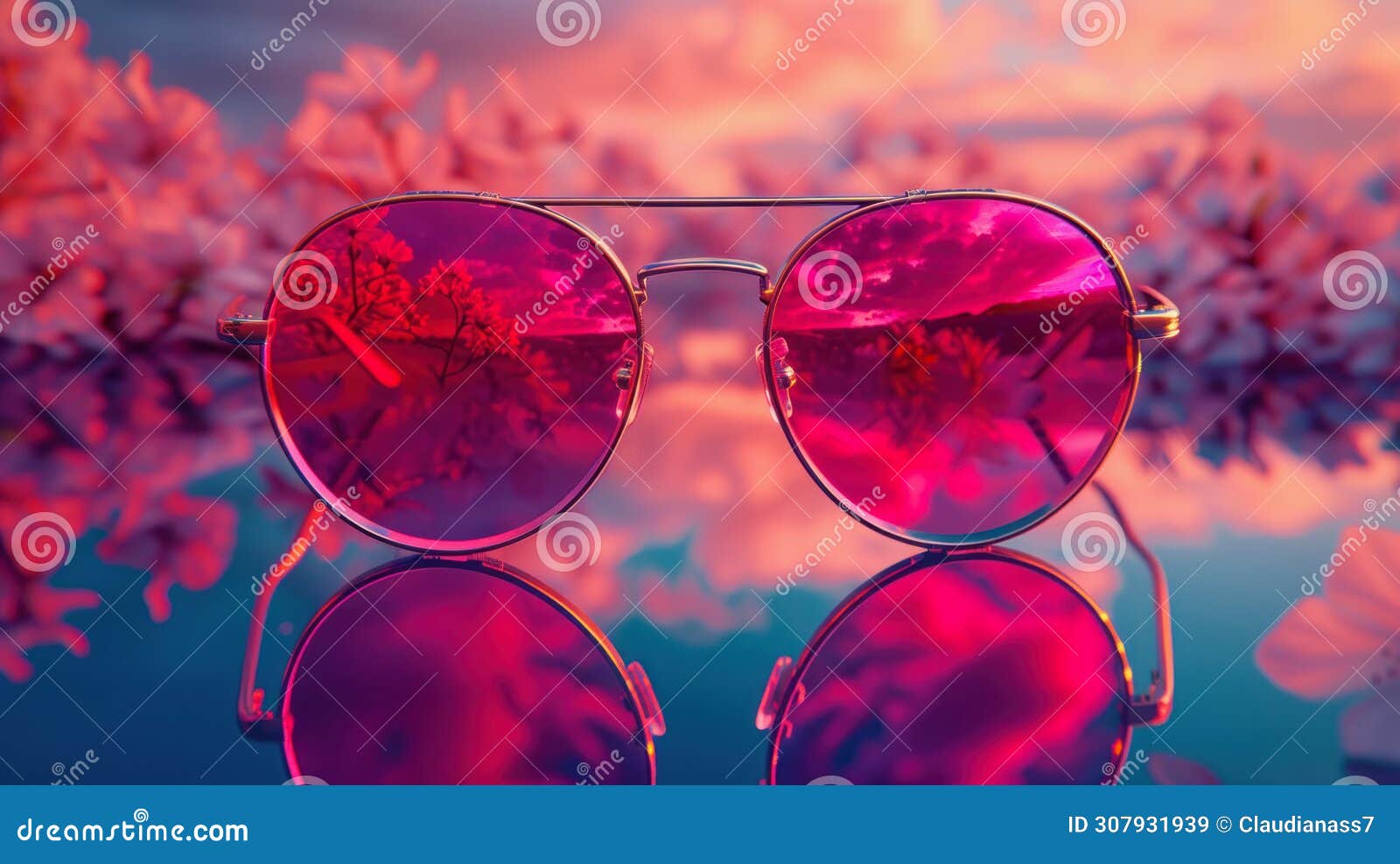 Illustration of Rose Colored Glasses in Front of Blurred Blooming Trees with Reflection Stock ...