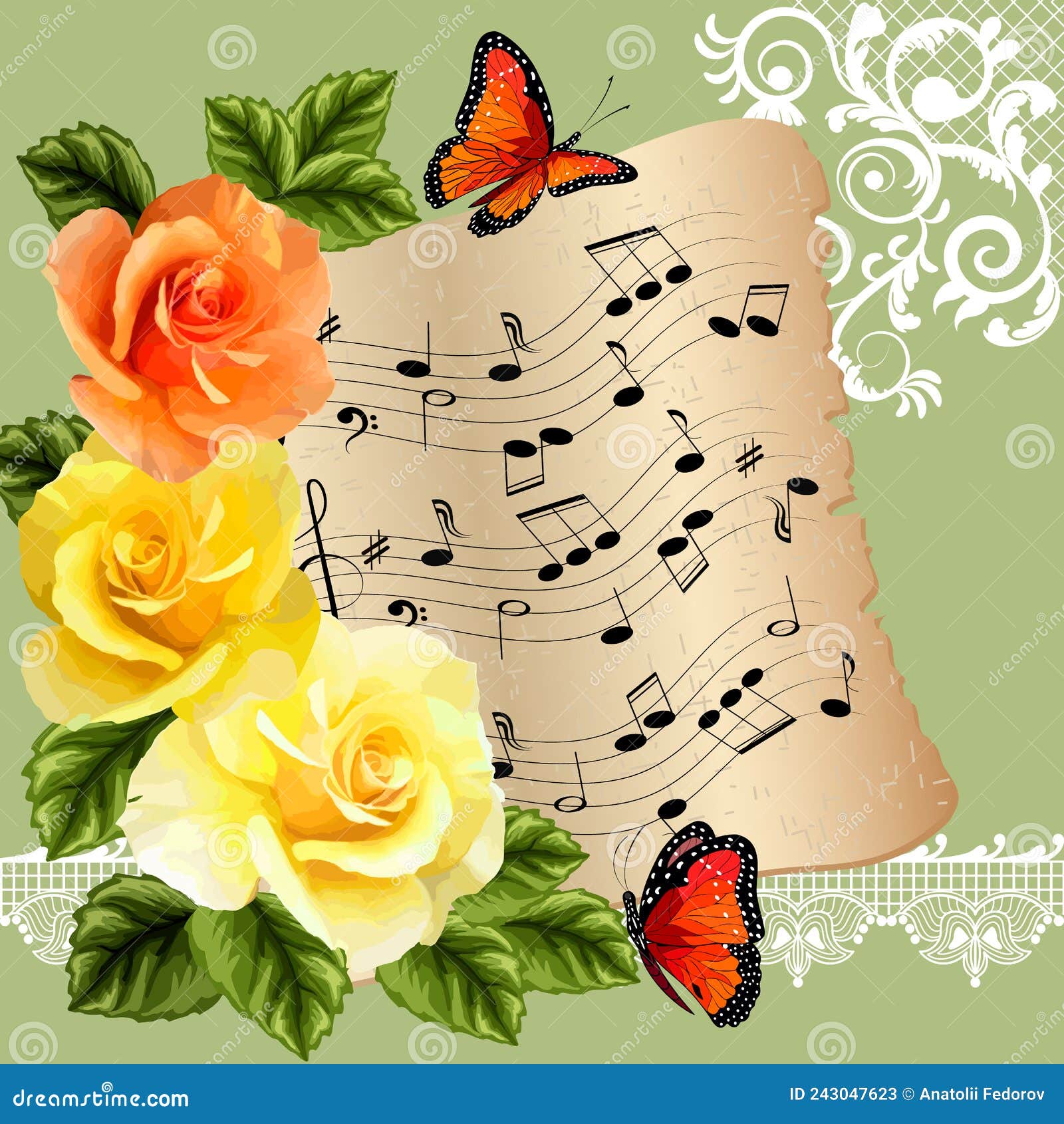 Illustration with Roses and Notes. Stock Vector - Illustration of ...