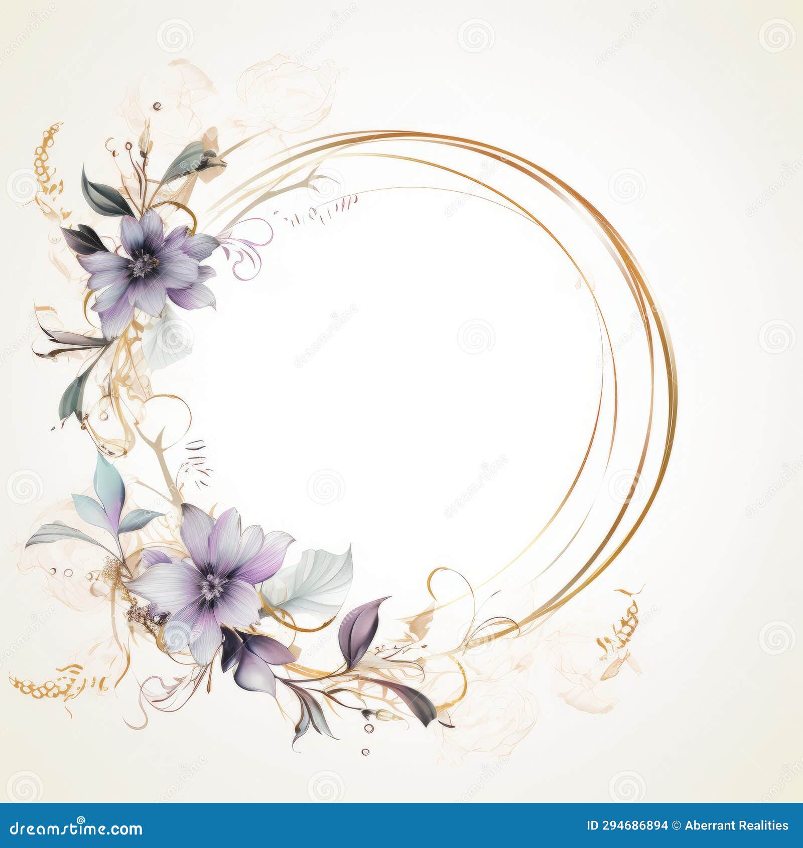 An Illustration of a Round Frame with Purple Flowers and Leaves Stock ...