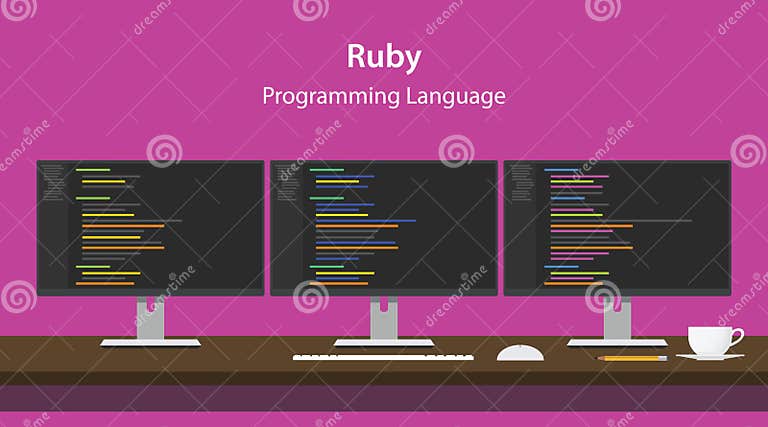 Illustration of Ruby Programming Language Code Displayed on Three Monitor in a Row at Programmer ...