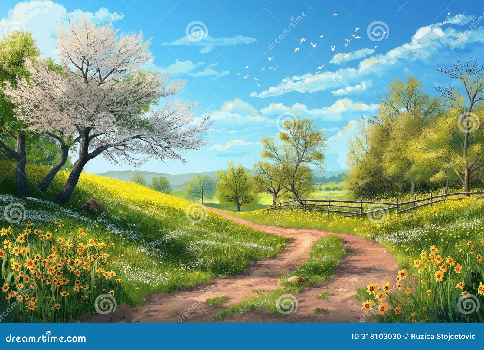Illustration of Rural Spring Landscape Ai Illustration Stock ...
