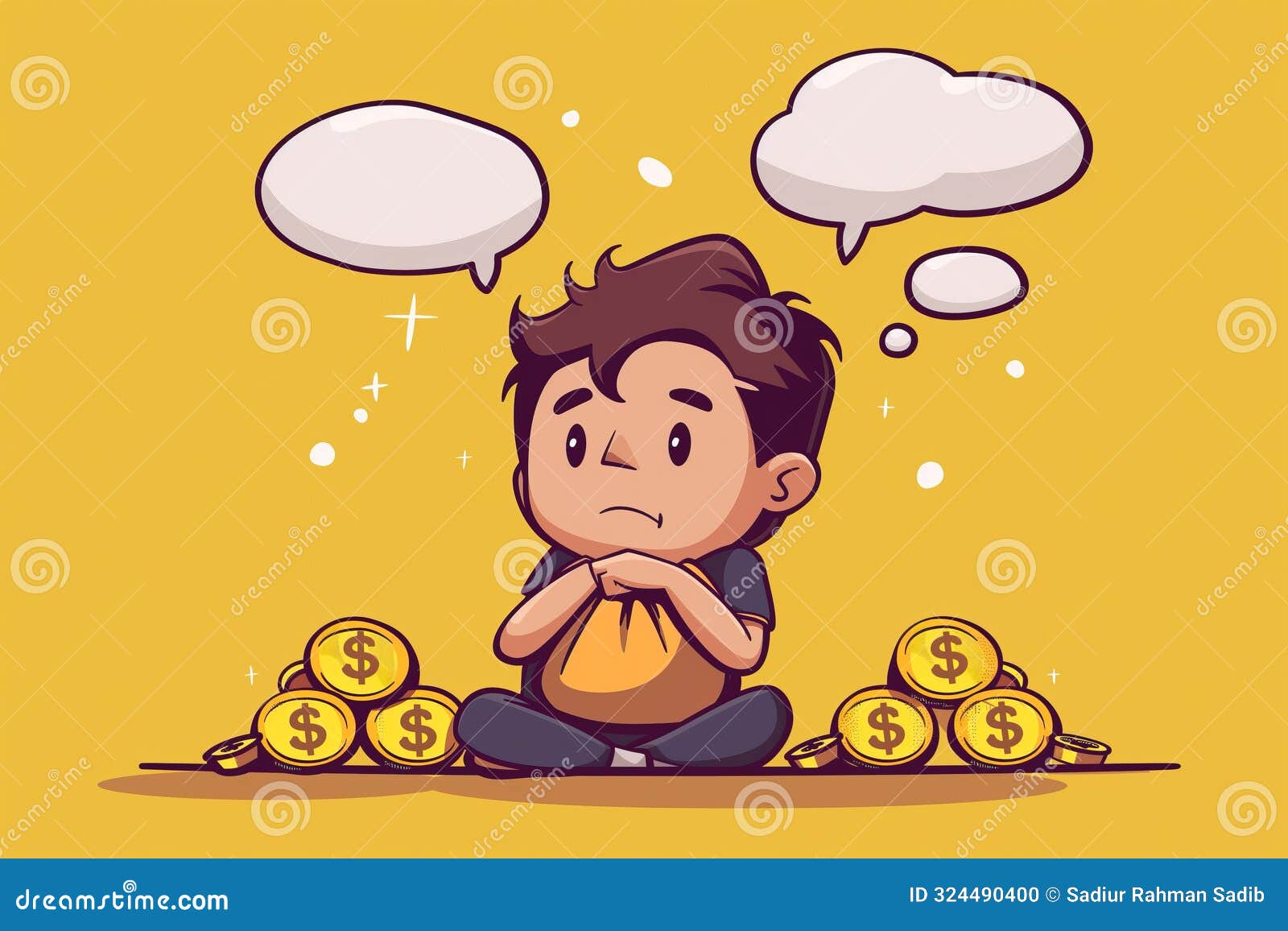 Illustration of a Sad Boy Sitting on a Pile of Coins. Stock ...