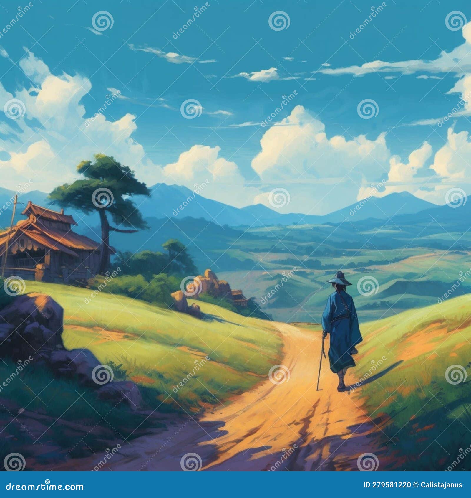 Illustration Of A Samurai Walking Down A Path In A Beautiful Summer ...