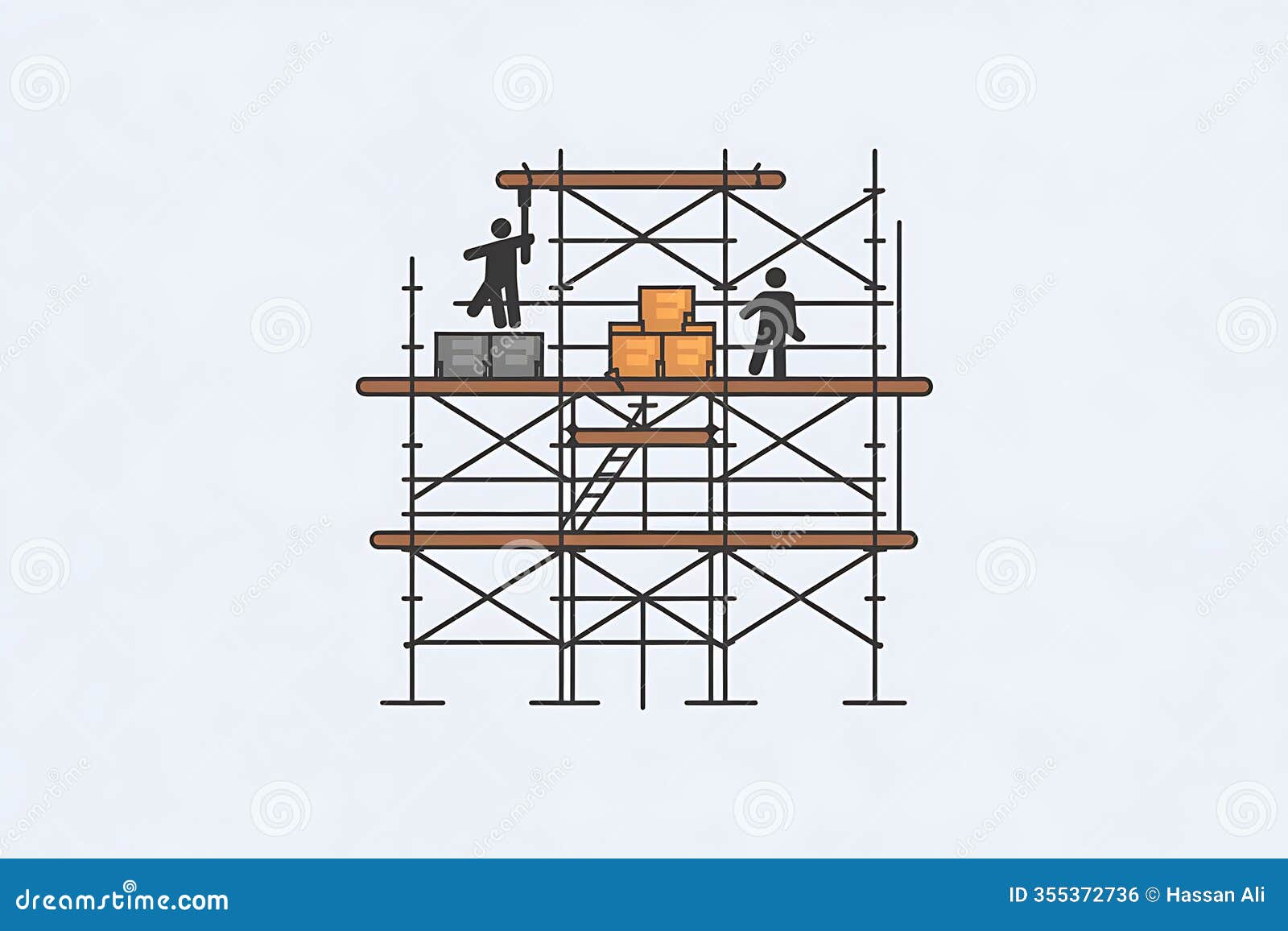 Construction Workers on Scaffolding with Boxes and Tools Stock ...