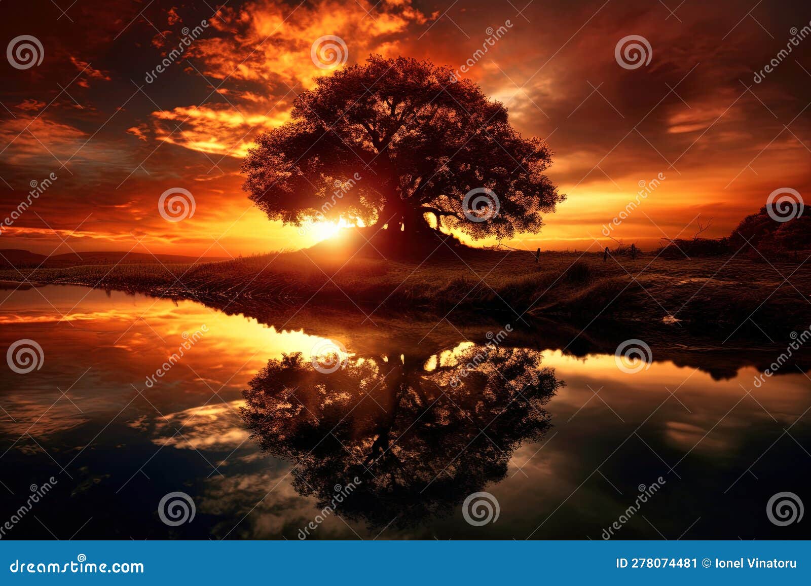 Illustration of the Scene with the Tree at Sunset and Reflections in ...