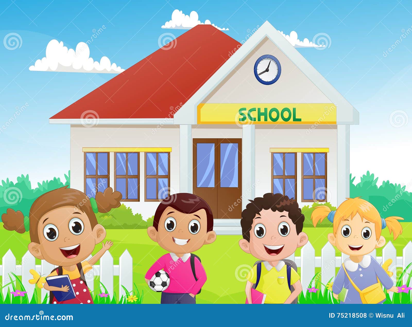 Illustration of School Children in Front of the School Building Stock ...
