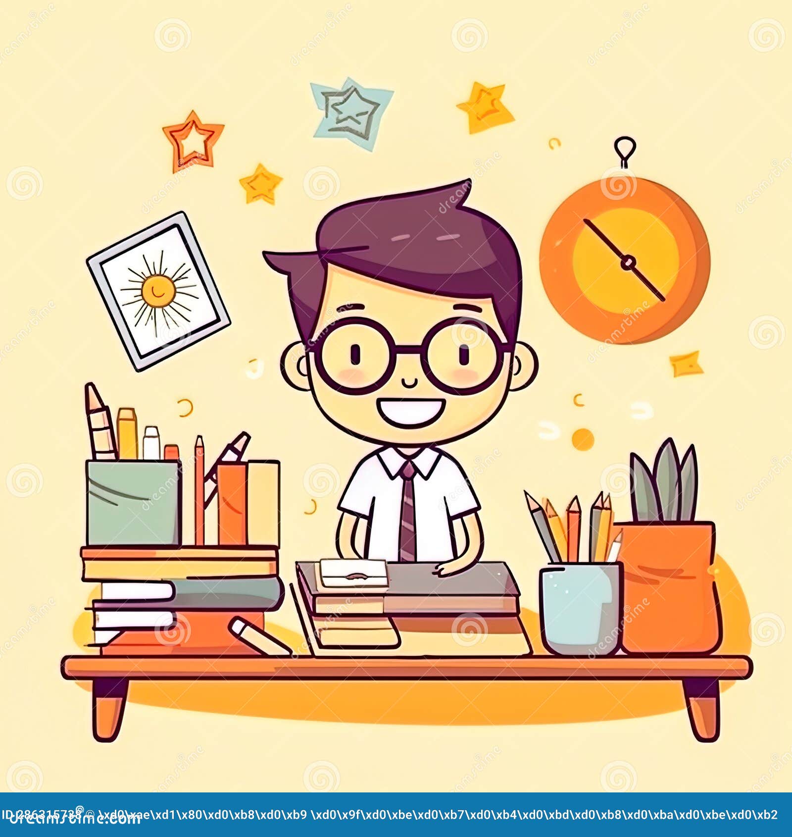 Illustration of a Schoolboy at a Desk with Study Supplies Stock ...