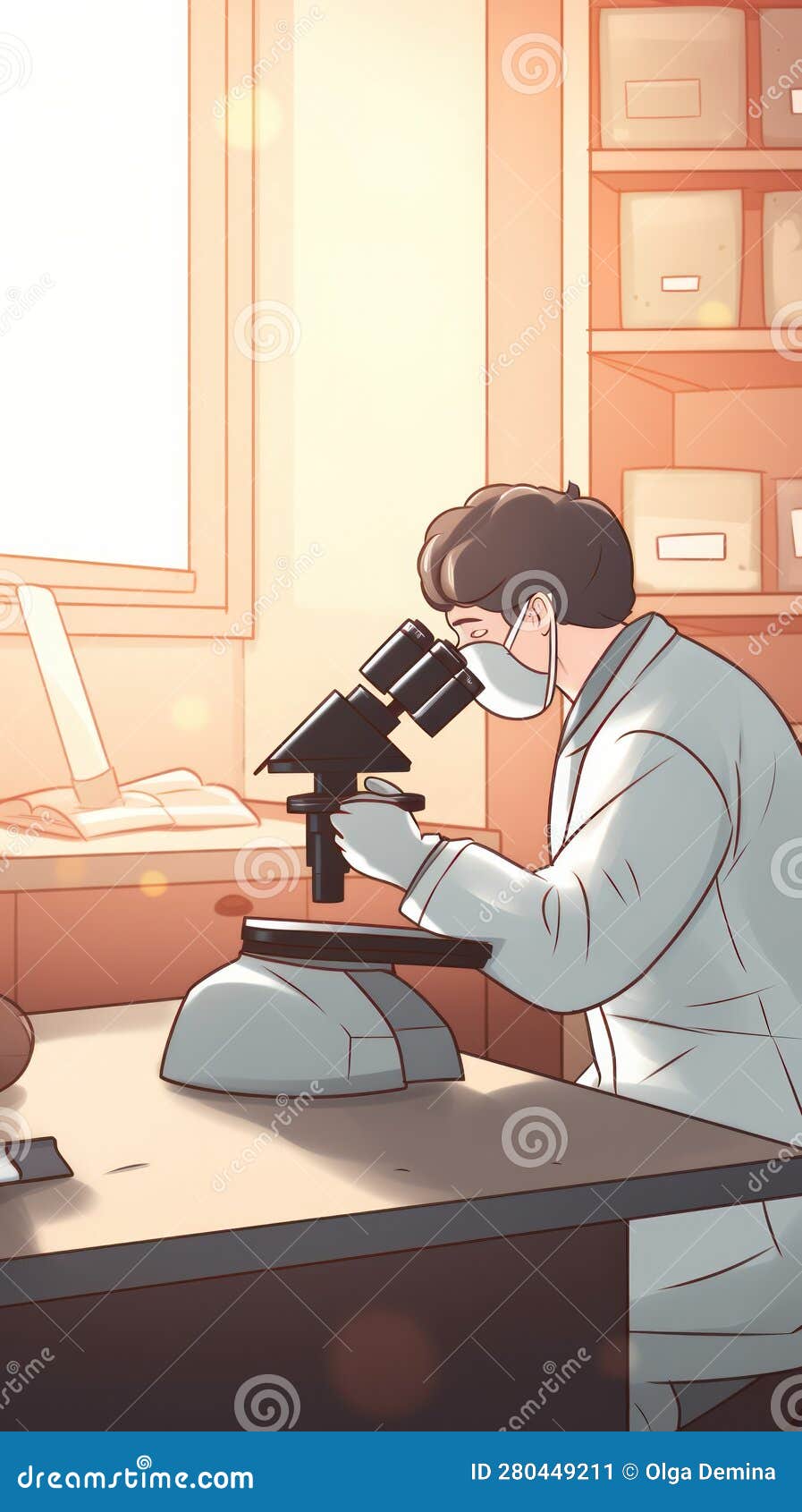 Illustration of a Scientist Looking through a Microscope in a ...
