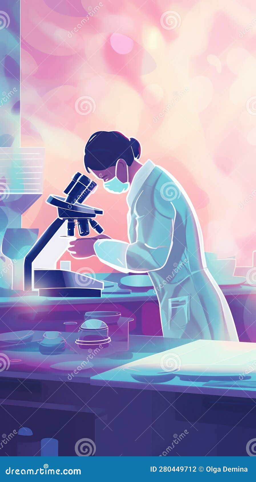 Illustration of Scientist Working in Laboratory with Microscope and ...