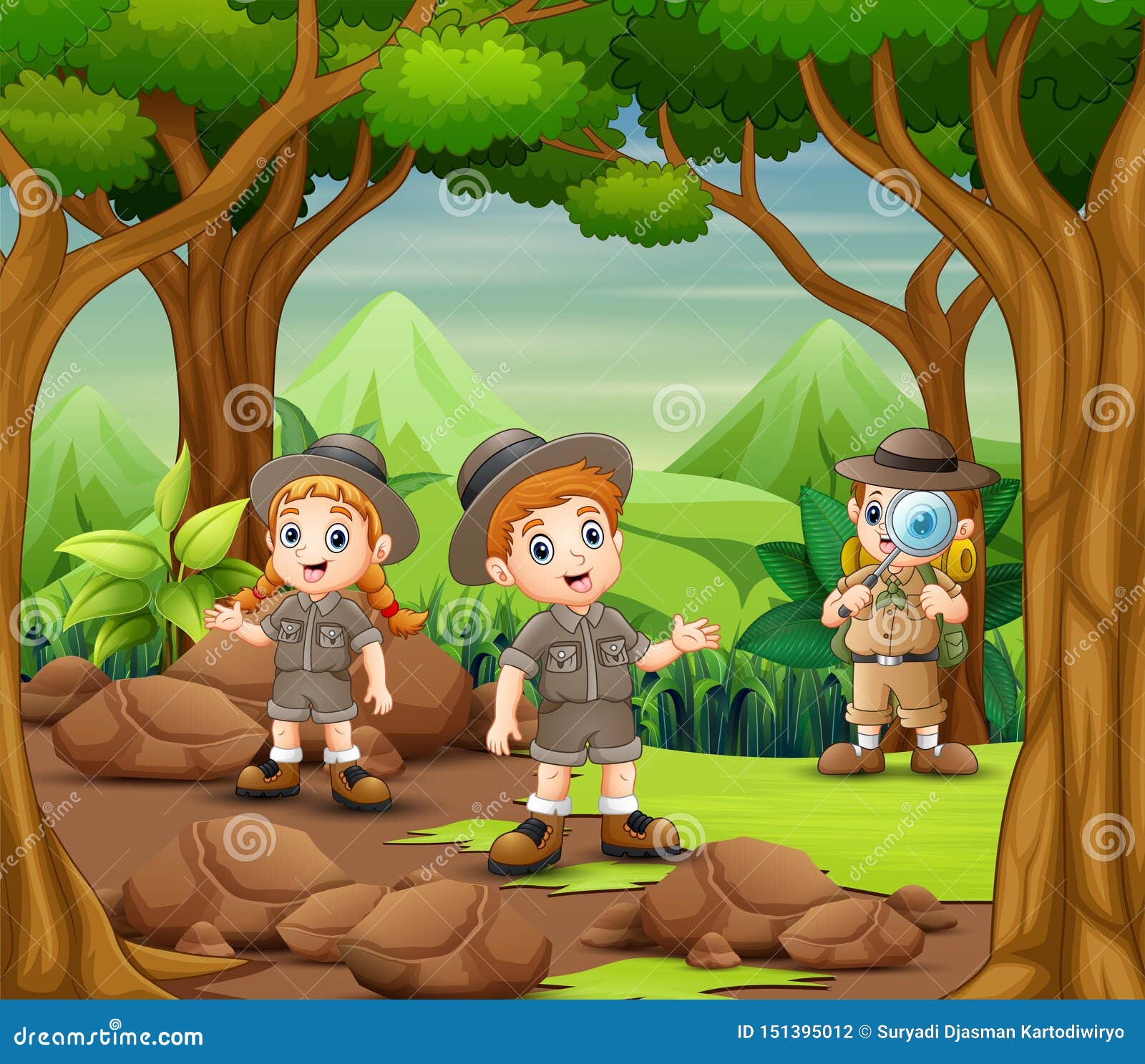Explore Forest Banner With Man Traveler In Woods Cartoon Vector ...