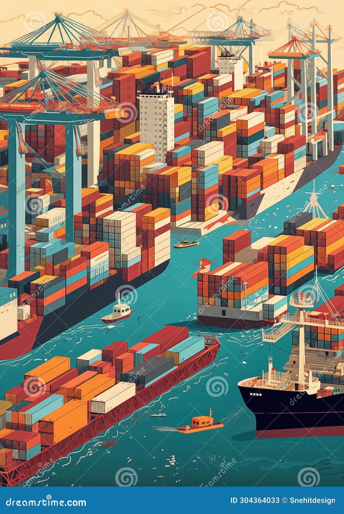 Illustration of a Sea Port with Stack of Colorful Containers at the ...