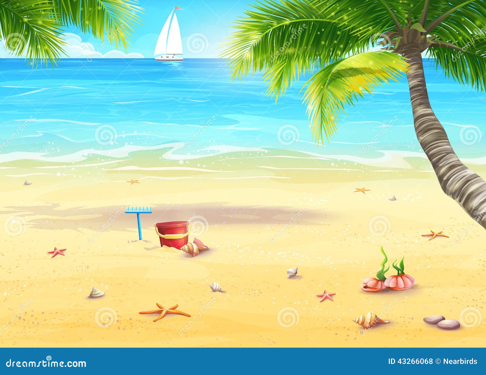 Illustration Of The Sea Shore With Palm Trees, Shells, Bucket And Rake ...