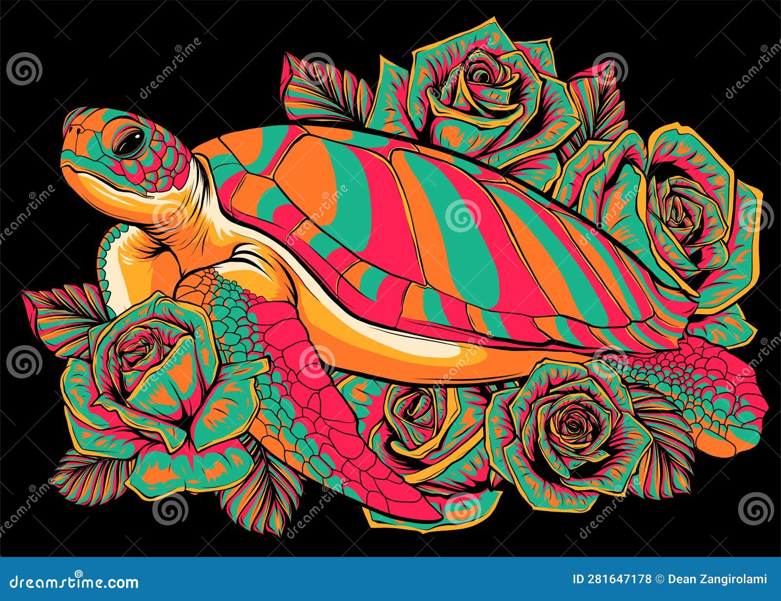 Vector Illustration of Sea Turtle with Roses on Black Background Stock ...