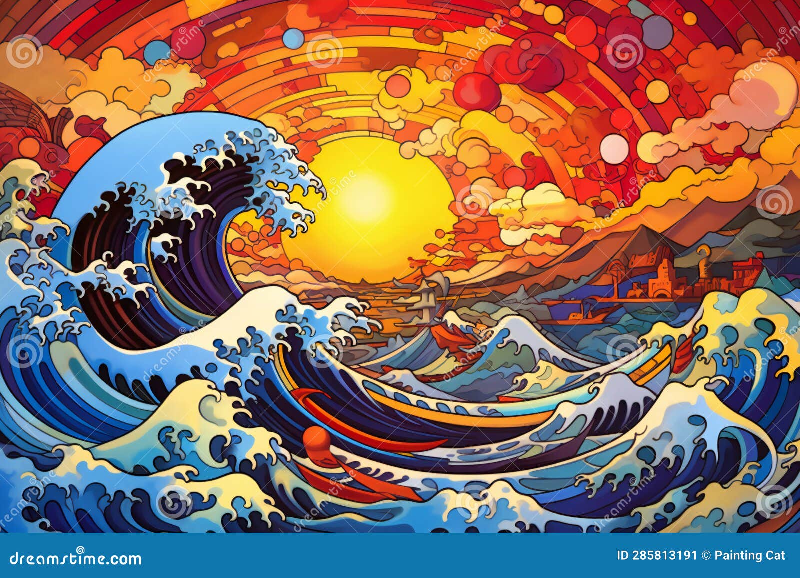 Illustration of the Sea with Waves and Sunset in the Background Stock ...