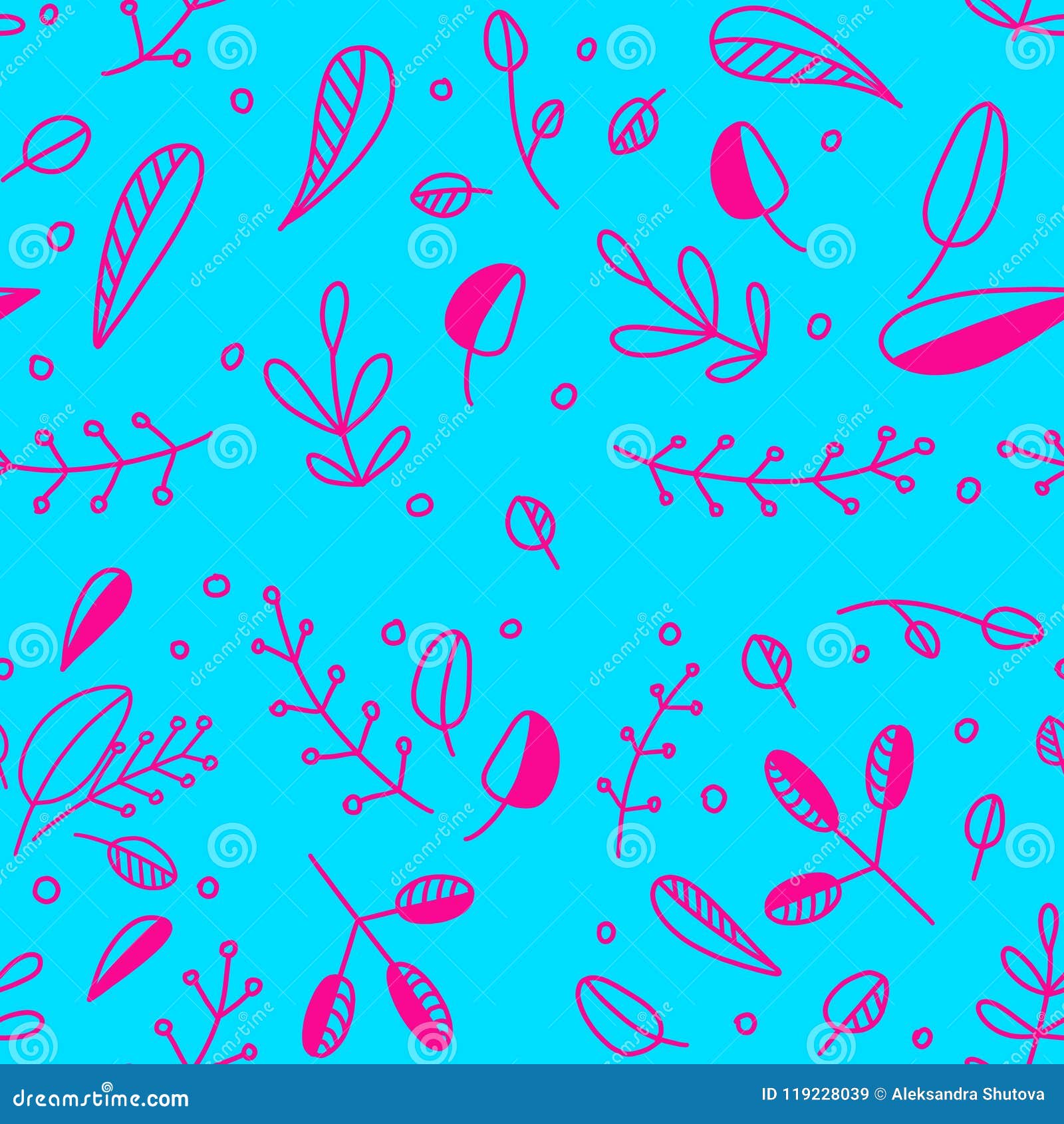 Illustration Seamless Doodle Pattern with Different Pink Leaves on Cyan ...