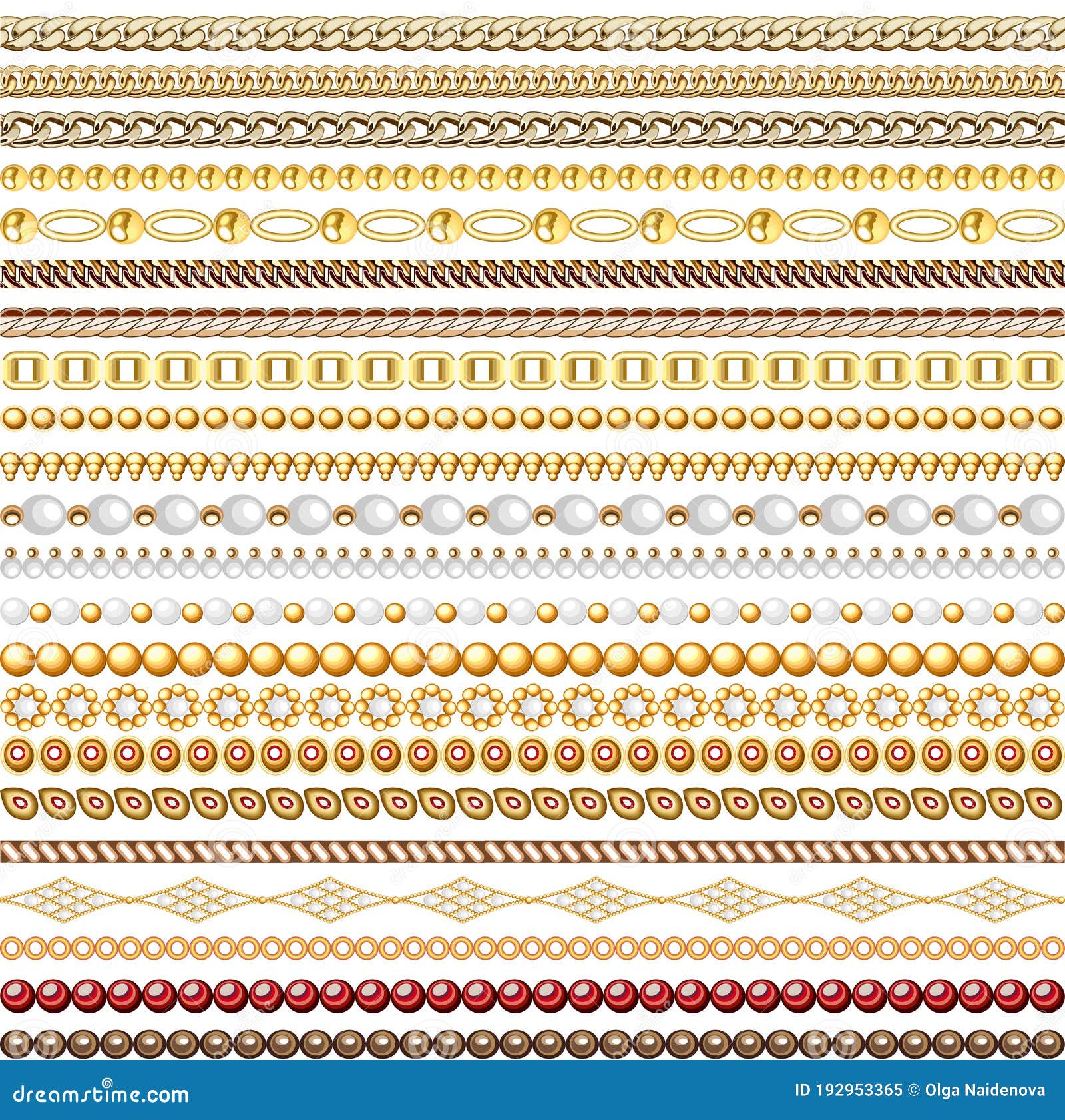 Seamless Pattern Gold Jewelry Chains and Beads Borders Isolated on ...