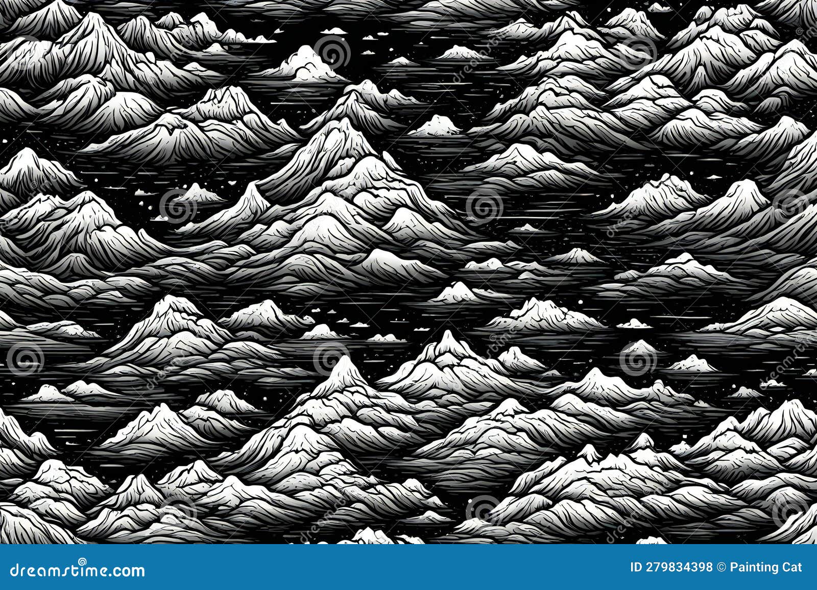 Seamless Pattern with Hand Drawn Mountains, Black and White ...