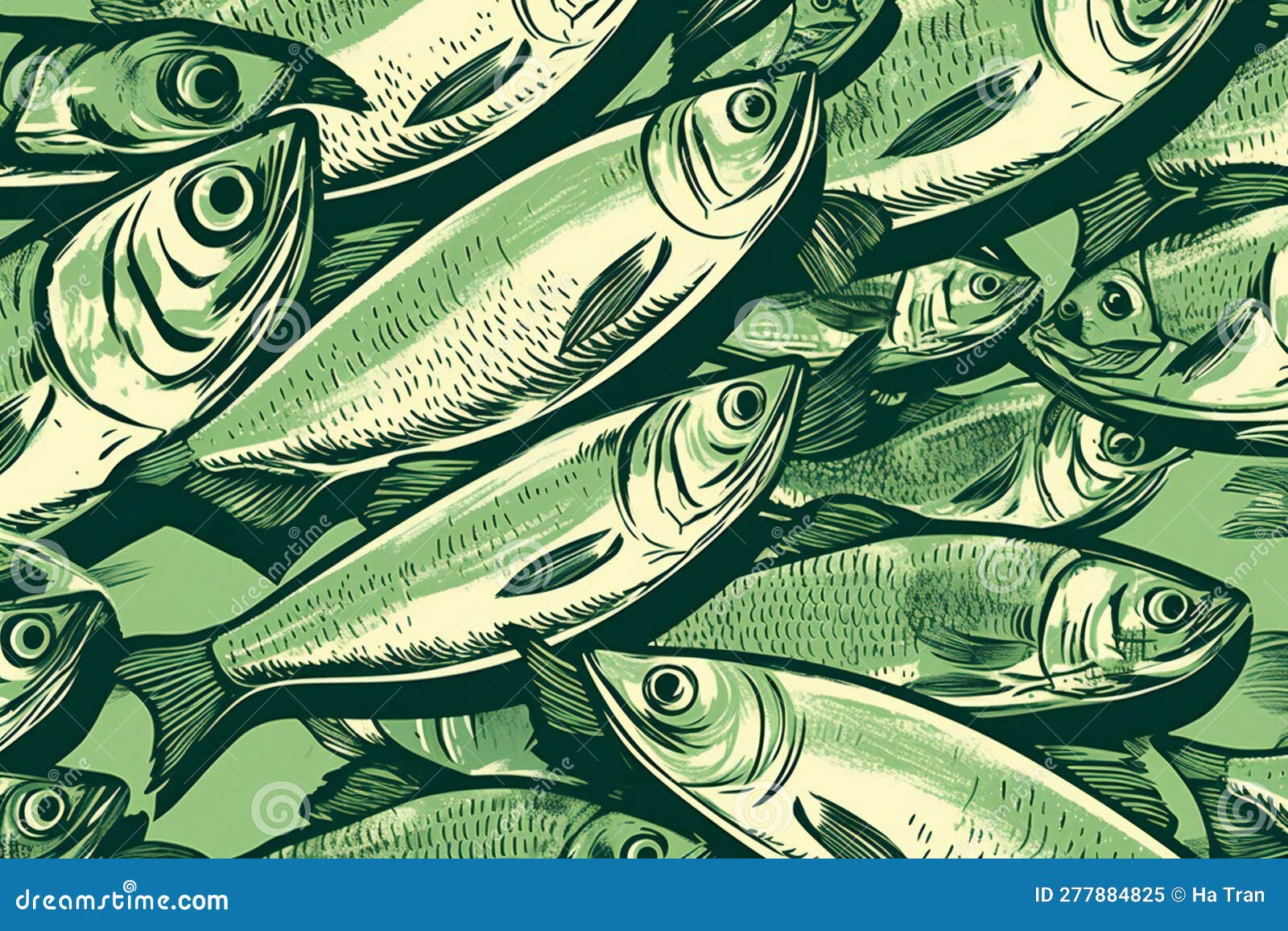 Seamless Pattern with Sardines on a Green Background Stock Illustration ...